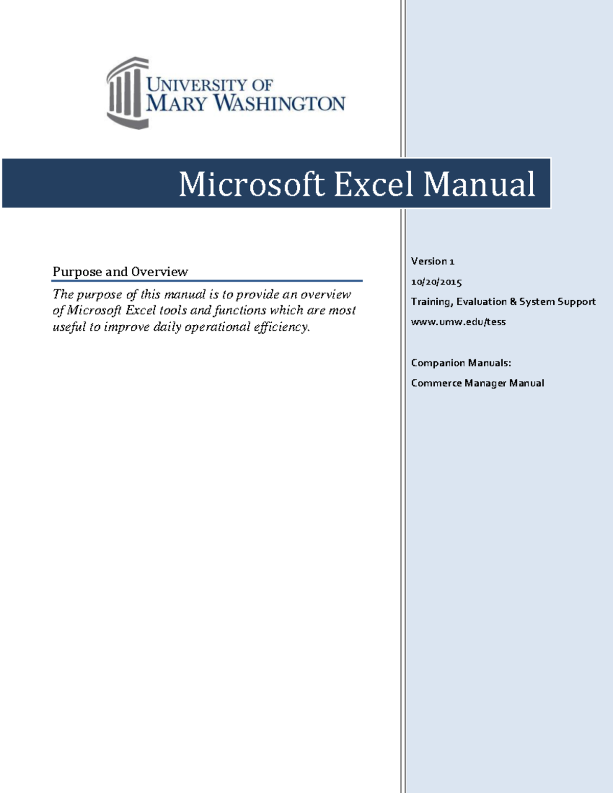 Excel-Manual 1 - no information - Version 1 10/20/ Training, Evaluation ...
