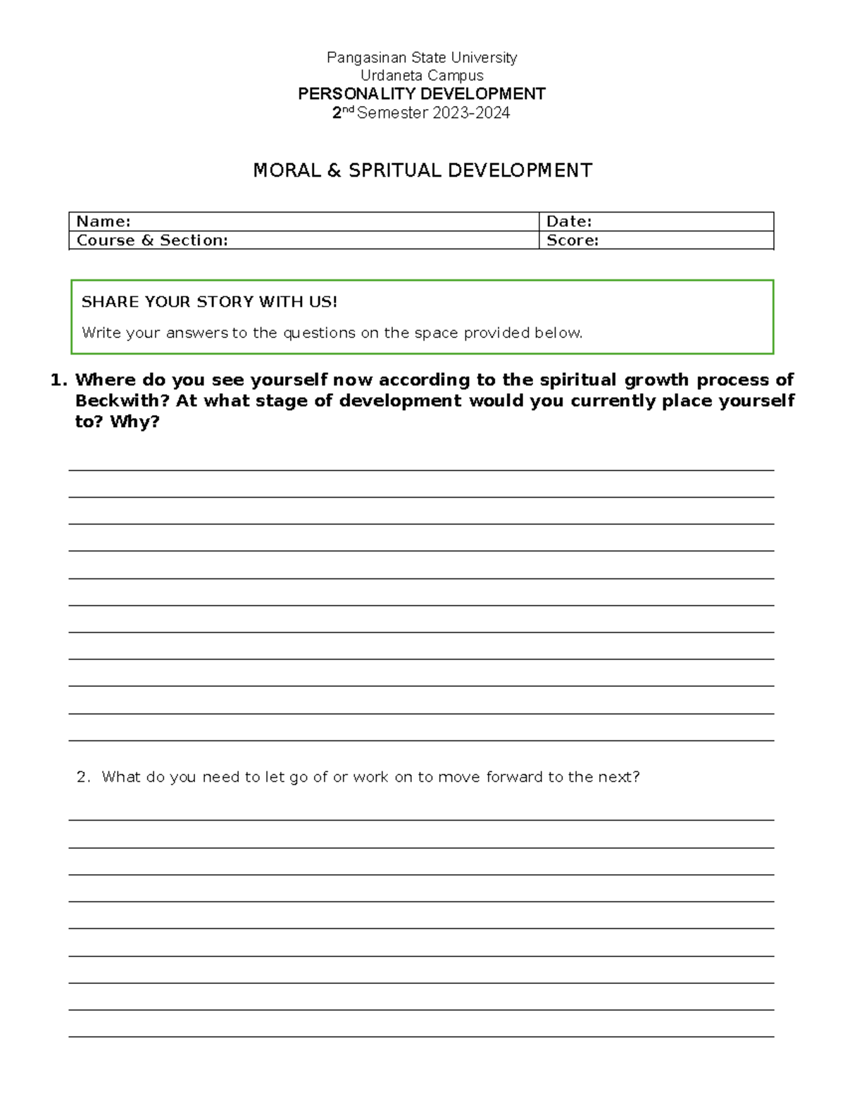 Moral Spiritual Development activity 2 - Pangasinan State University ...