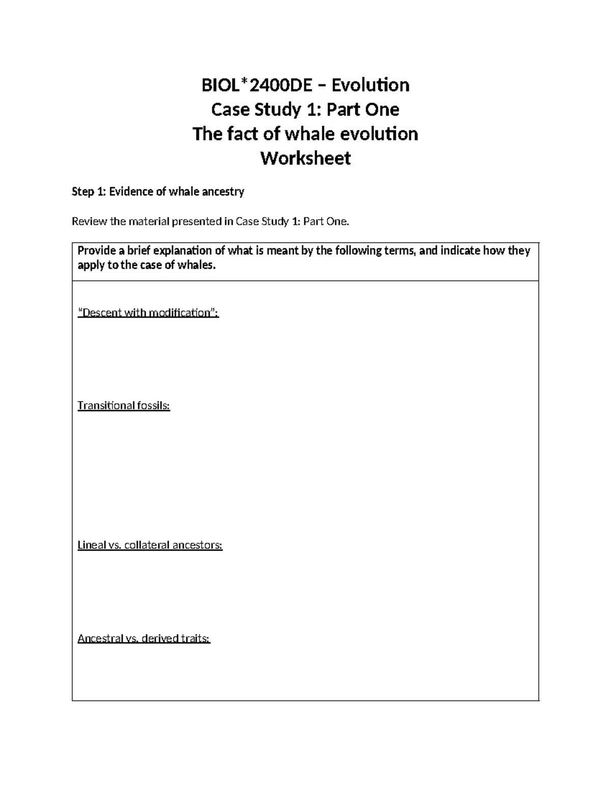 Case Study 1 Part One worksheet - BIOL*2400DE – Evolution Case Study 1 ...