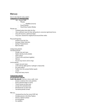 Earth SCI Notes - Mercury Very dense (5 g/cm^3) Crust, mantle (smaller ...