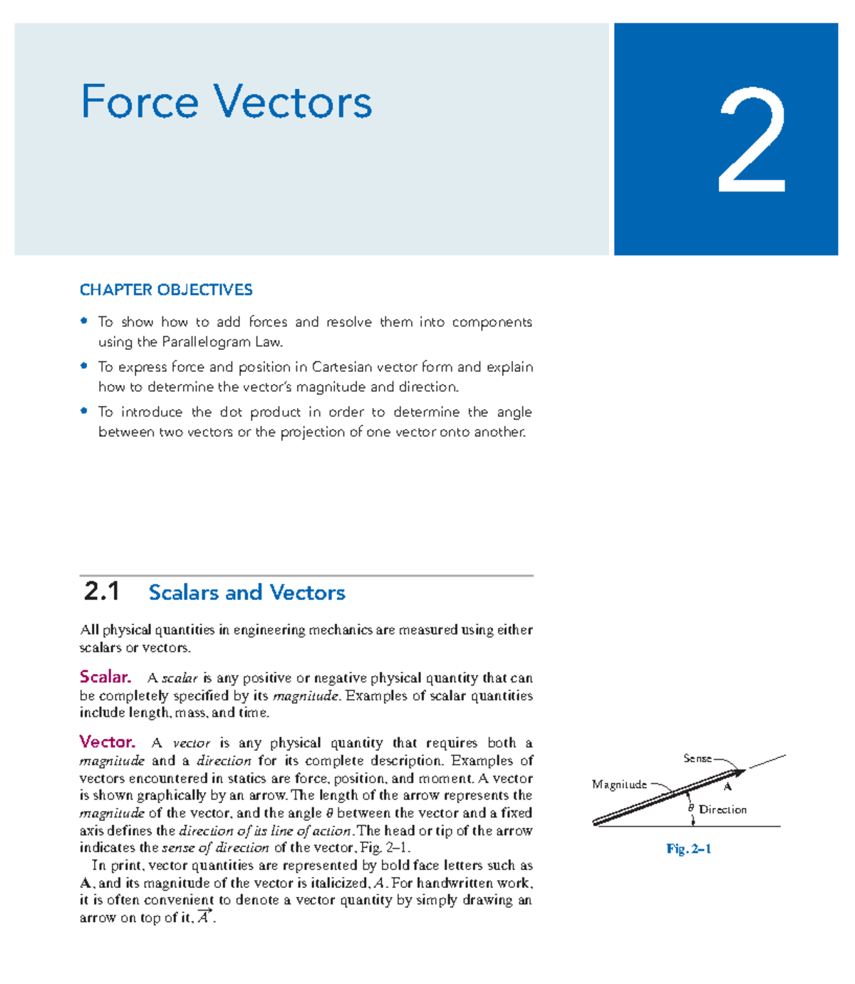 Ch-02 - Done - Force Vectors 2 Sense Magnitude Direction A u Fig. 2 ...