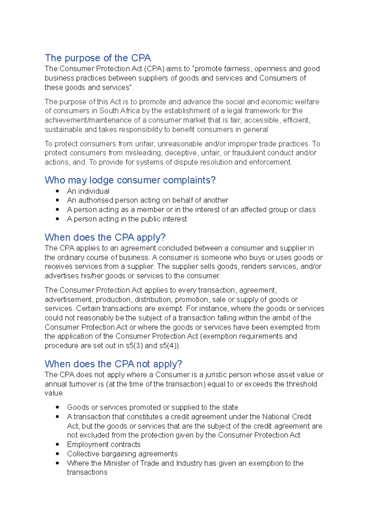 BL 2022 - 123 - The purpose of the CPA The Consumer Protection Act (CPA ...