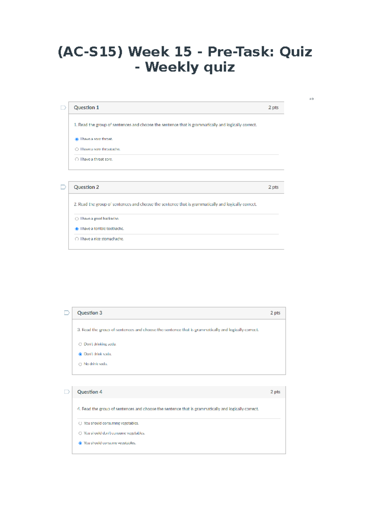 (AC-S15) Week 15 - Pre-Task: Quiz - Weekly quiz - Ingles IV - Studocu