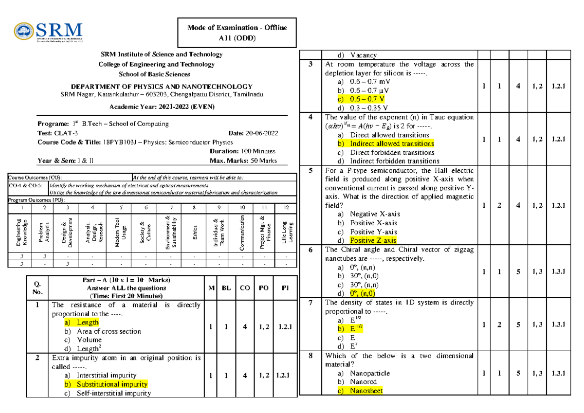 1 - CT 3 QUESTION PAPER - SRM Institute of Science and Technology ...