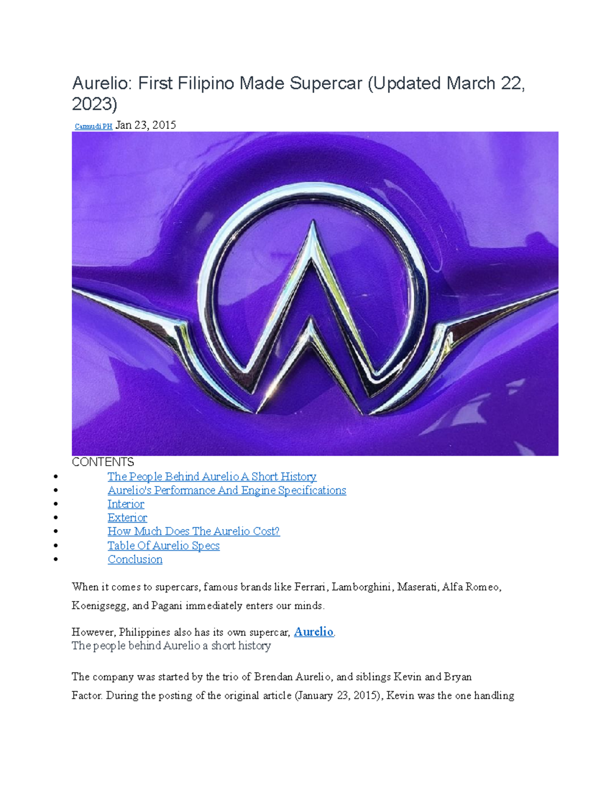 Aurelio - CTTO - Aurelio: First Filipino Made Supercar (Updated March ...