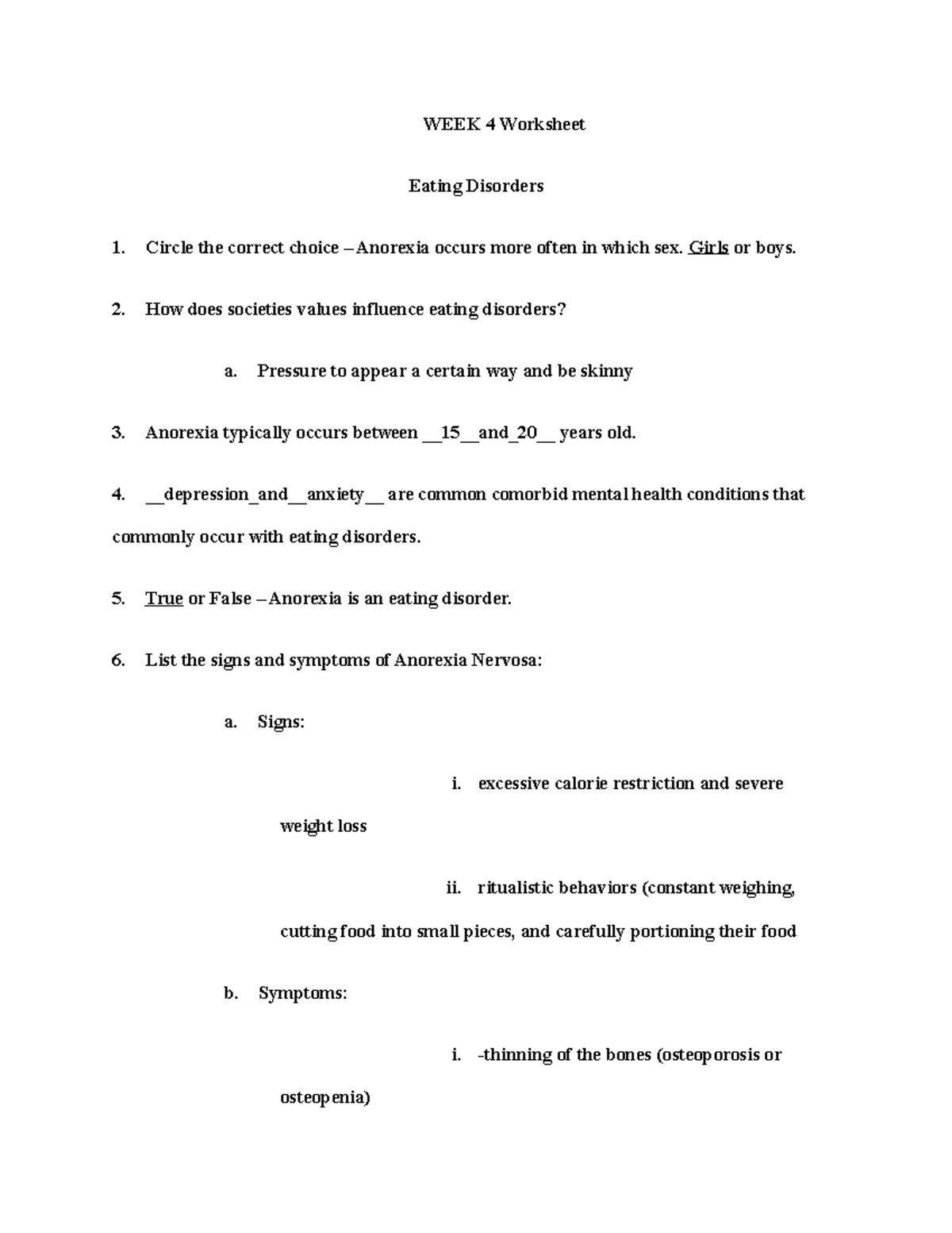 WEEK 4 Worksheet in class - WEEK 4 Worksheet Eating Disorders Circle ...