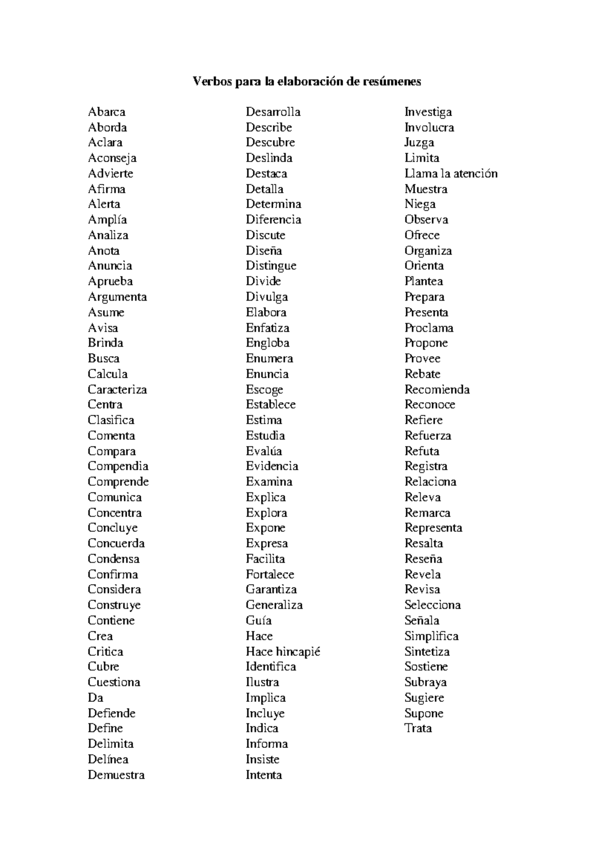 Verbos PARA Resúmenes - Para plantear objetivos general y específicos ...