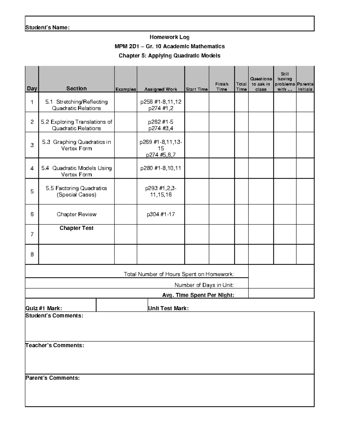 Chapter 5 Notes - Student's Name: Homework Log MPM 2D1 – Gr. 10 ...