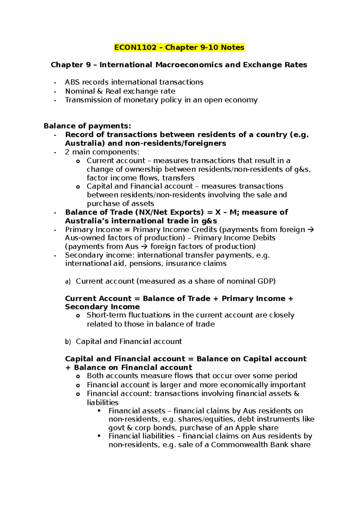 ECON1102 - Ch9-10 - Lecture 9-10 formula notes - ECON1102 – Chapter 9 ...