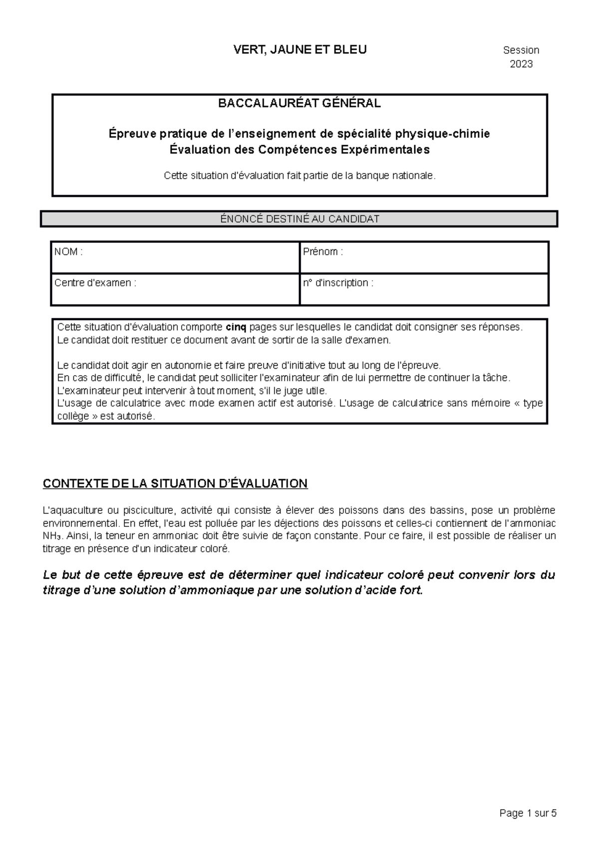 ECE 23 PC 52 - Exercice de Physique-chimie - 2023 BACCALAURÉAT GÉNÉRAL ...