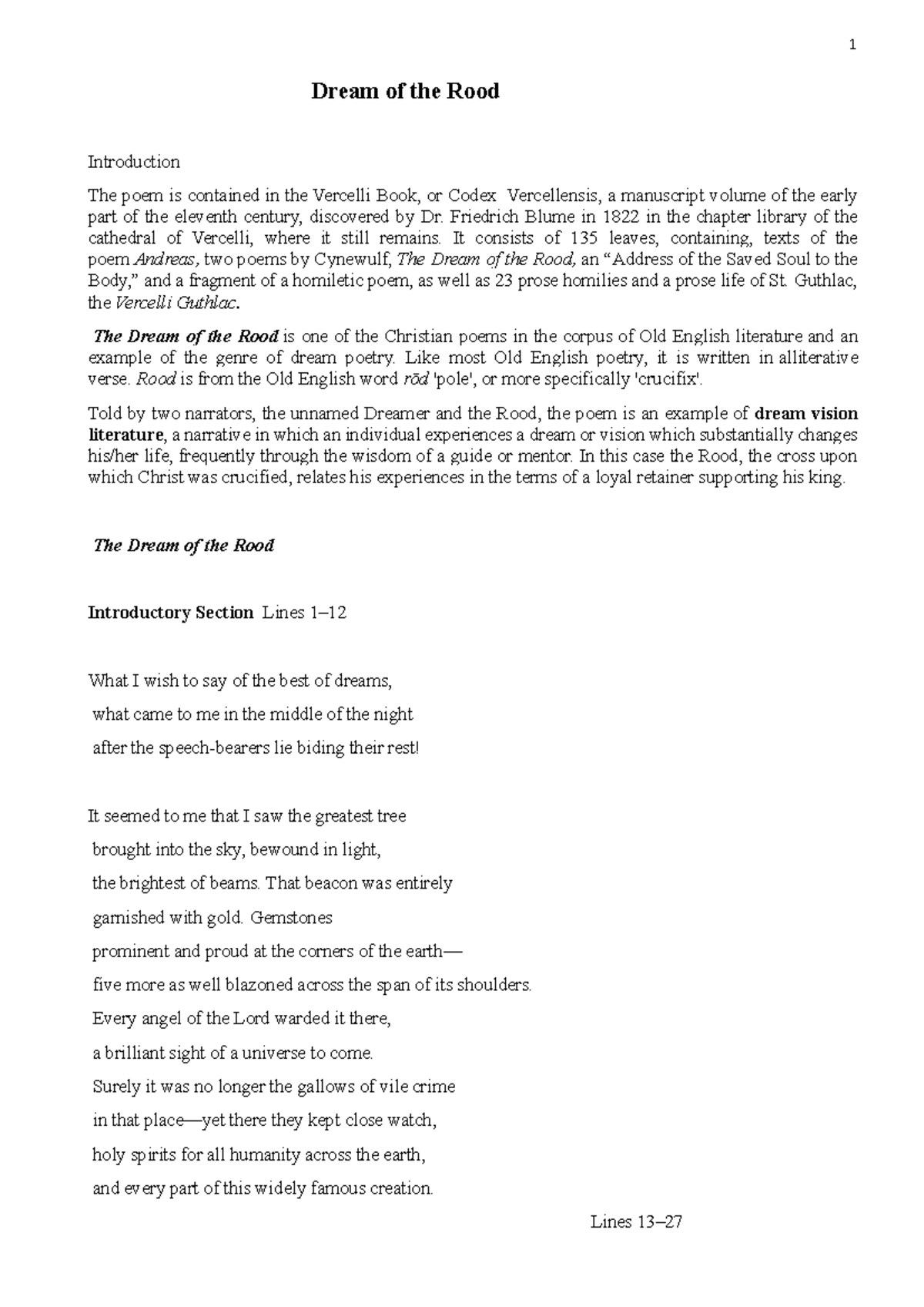 Dream of the Rood Poem - Notes - Dream of the Rood Introduction The ...