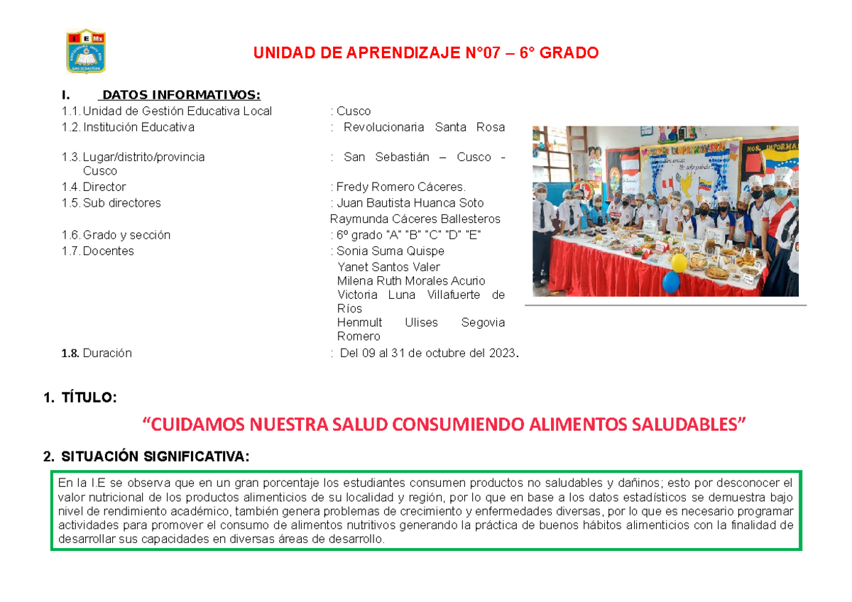 Unidad VII- ASUMIMOS UNA ALIMENTACIÓN SALUDABLE - UNIDAD DE APRENDIZAJE ...