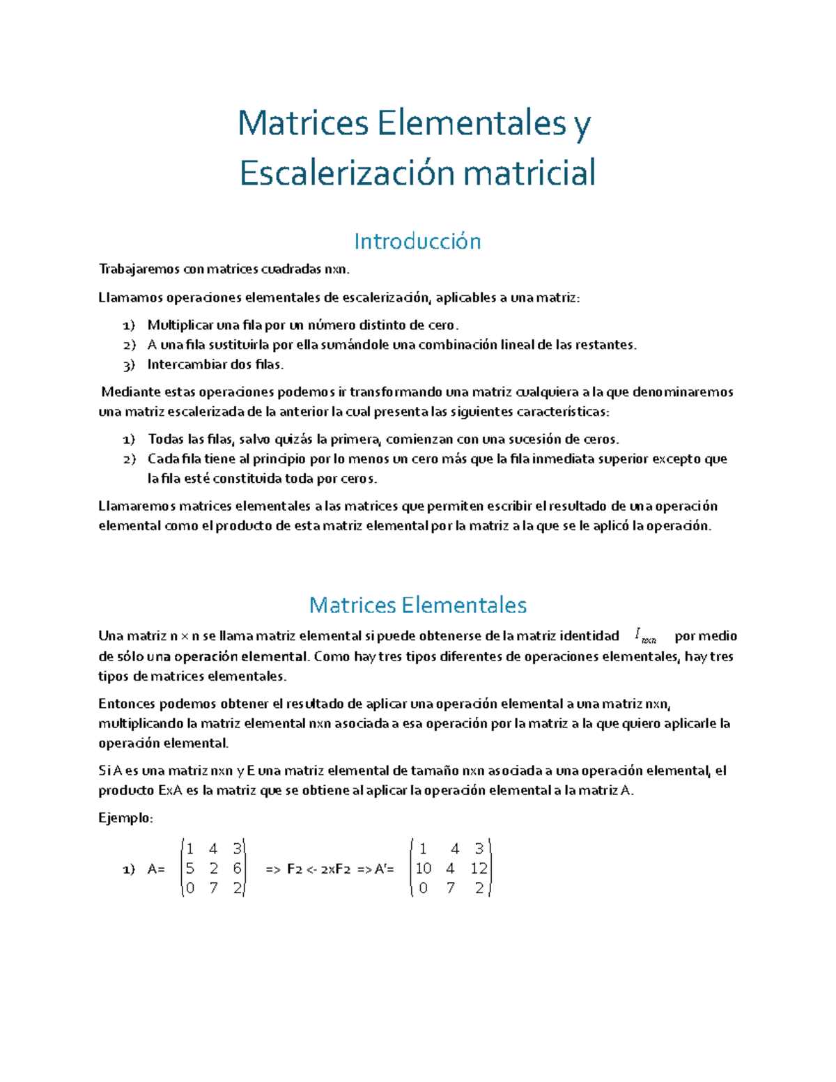 Matrices Elementales - Summary Álgebra lineal - Matrices Elementales y ...