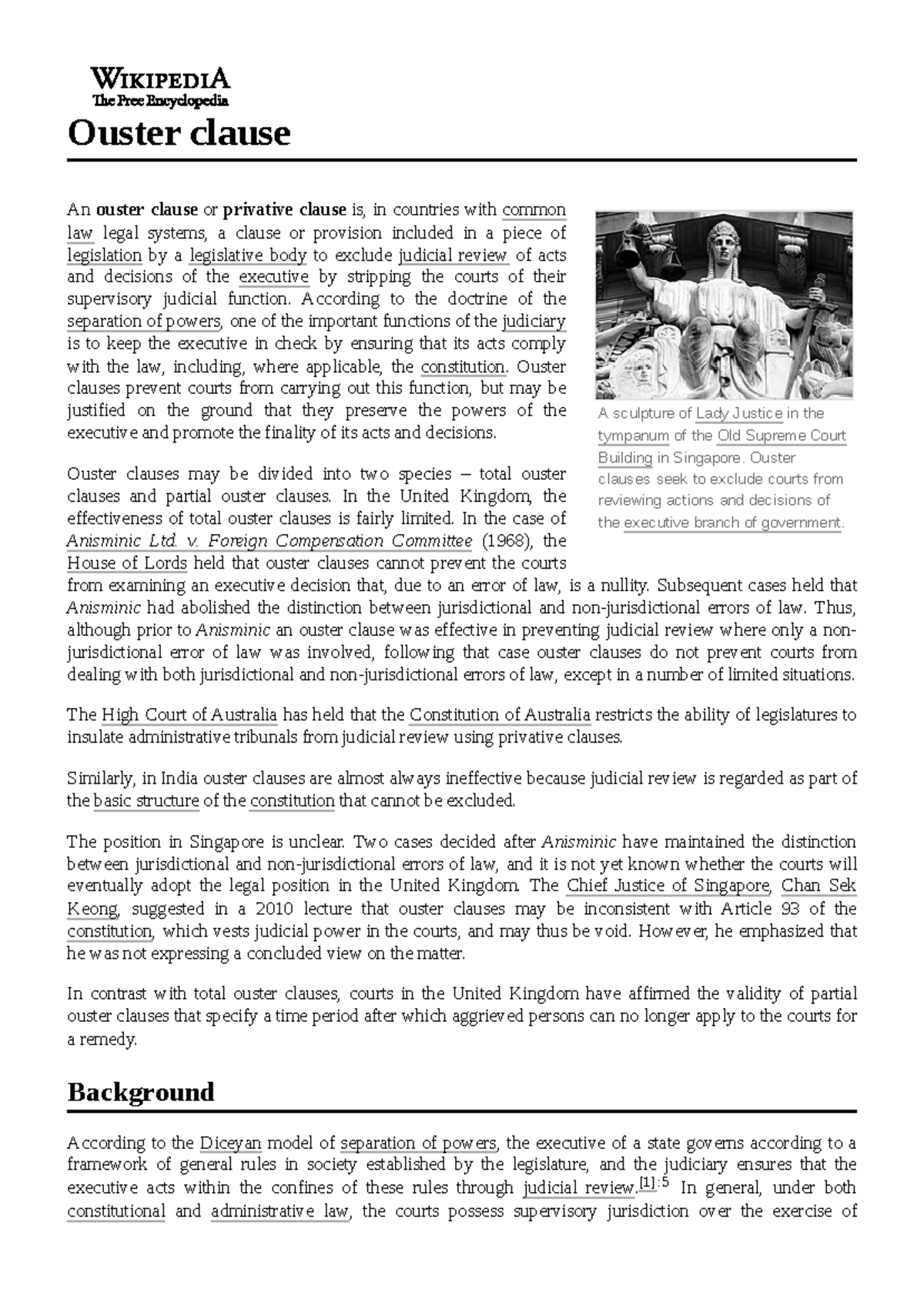 Ouster clause - A sculpture of Lady Justice in the tympanum of the Old ...