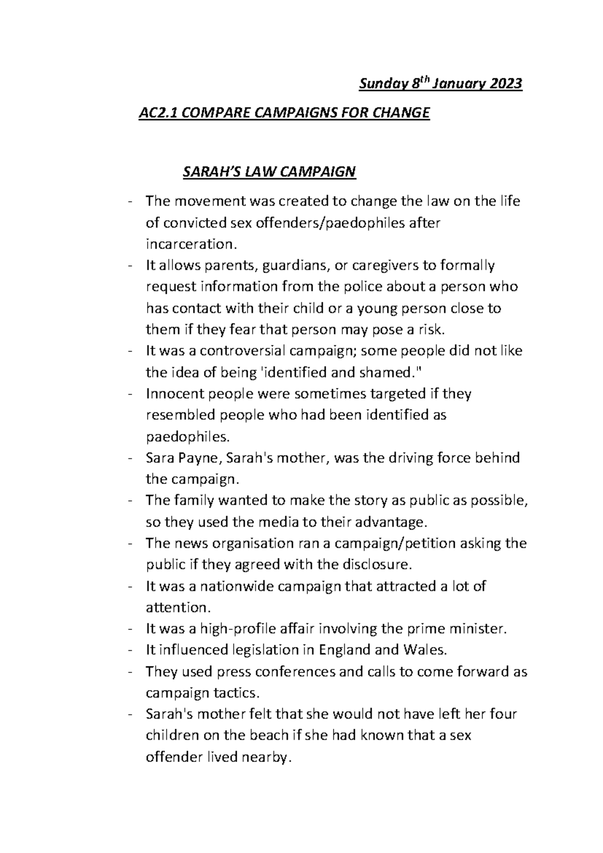 AC2.1 - CRIMINOLOGY - Sunday 8th January 2023 AC2 COMPARE CAMPAIGNS FOR ...