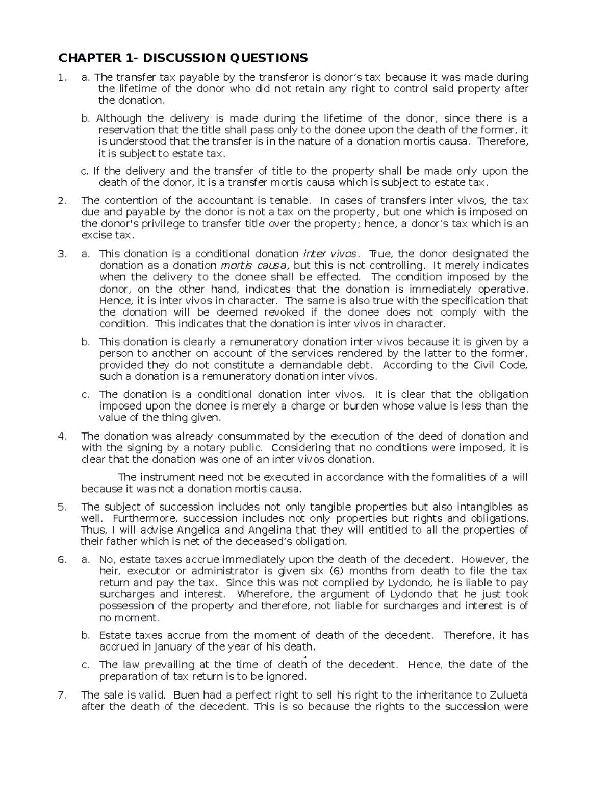 Sol man 1 - solution manuals - CHAPTER 1- DISCUSSION QUESTIONS a. The transfer tax payable by ...
