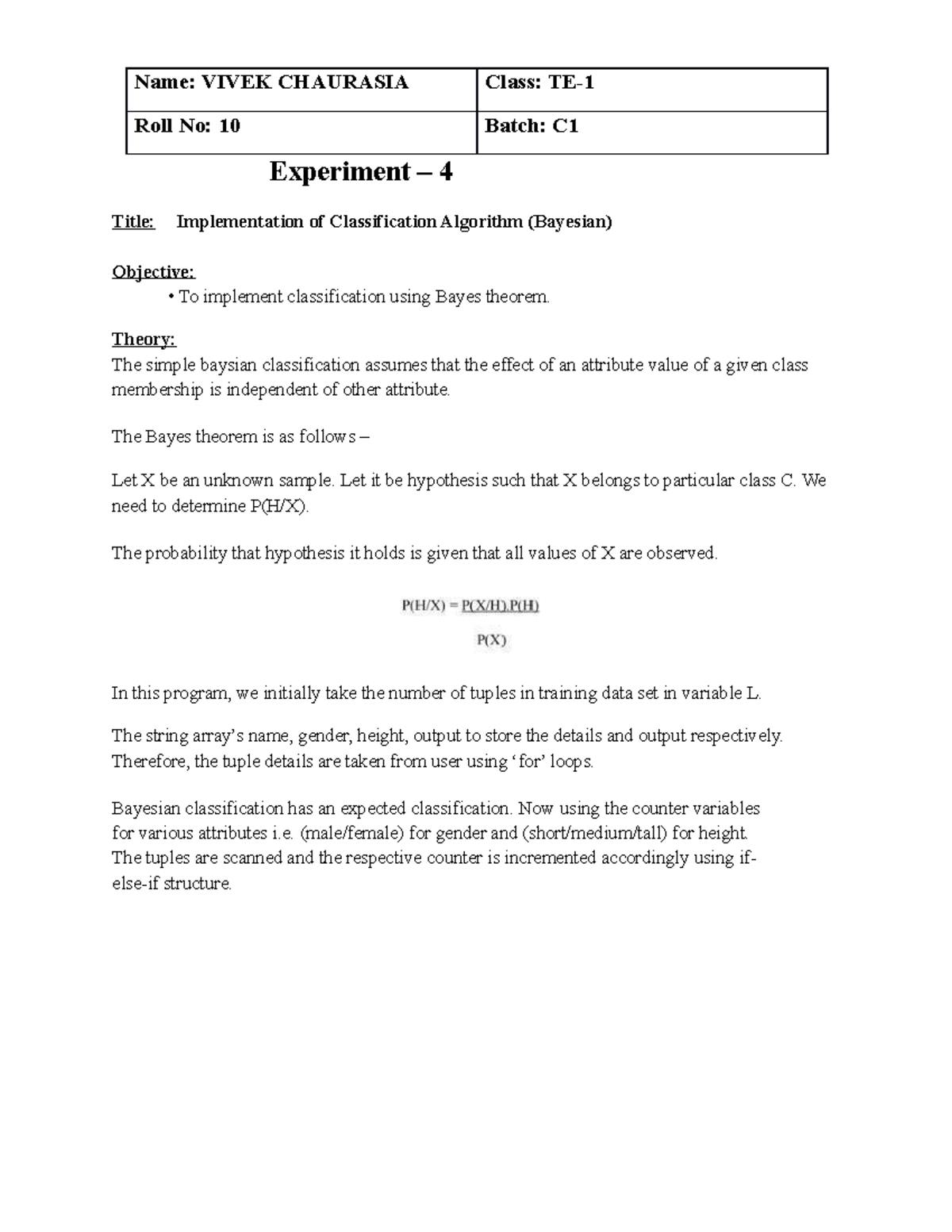 TE1 10 Vivek Chaurasia C1 EXP4 machine - Experiment – 4 Title: Implementation of Classification ...