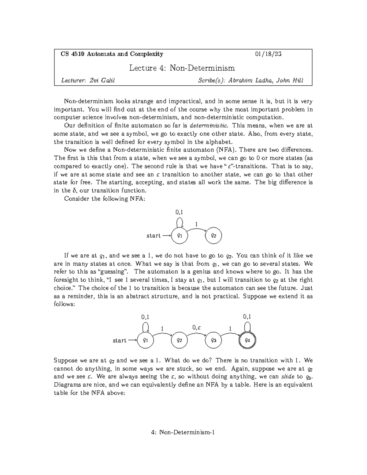 Lecture 4 Cs 4510 Automata And Complexity 0118 Lecture 4 Non Determinism Lecturer Zvi