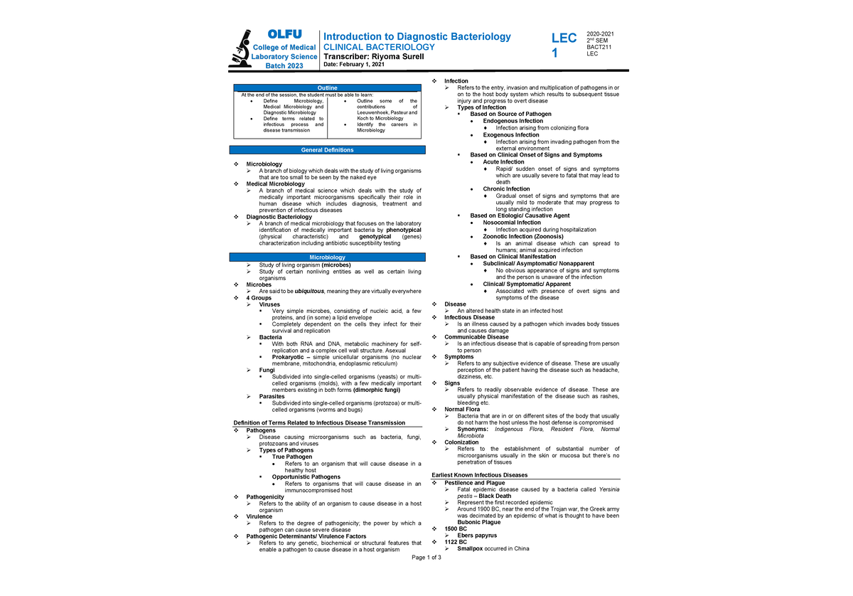 BACT LEC Complete - Side notes for bacteriology - Introduction to ...