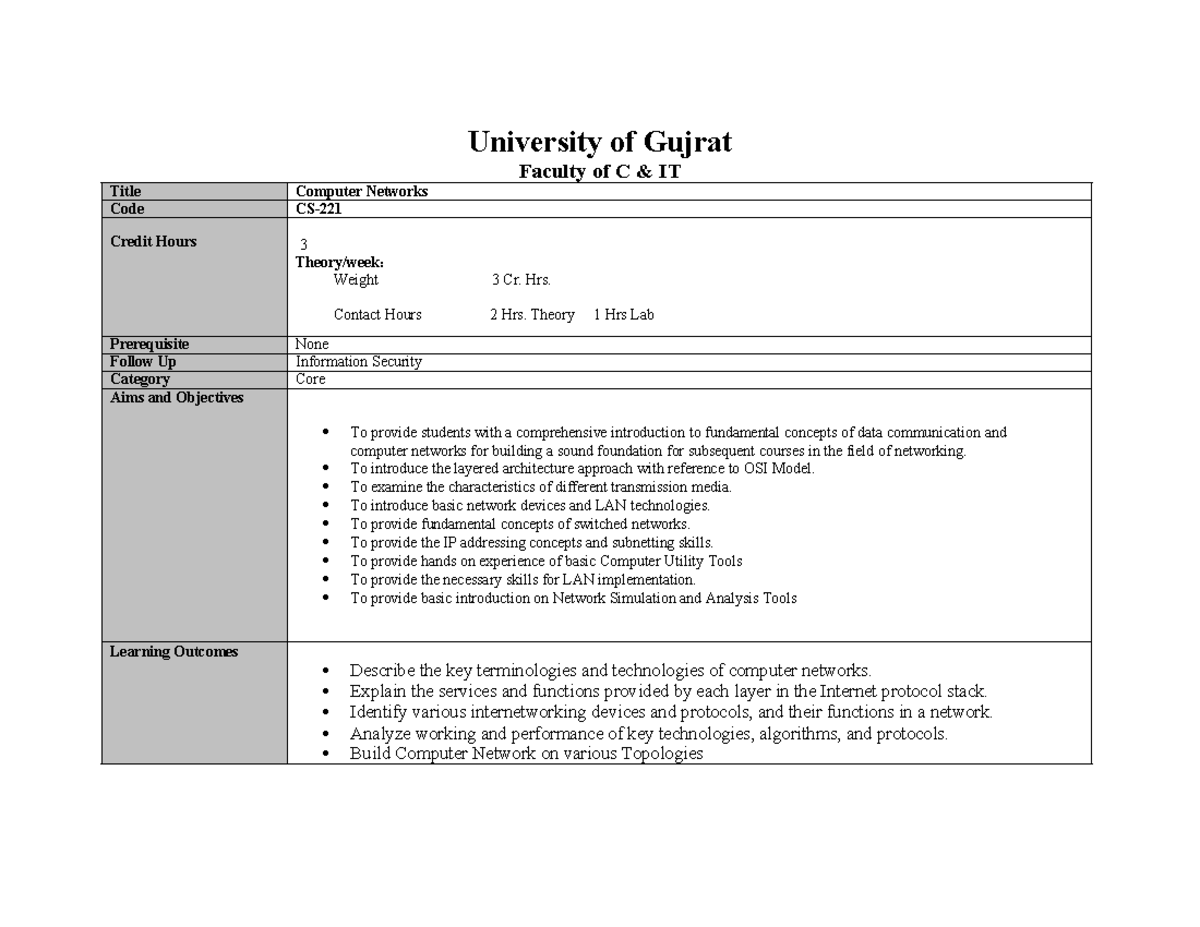 Computer Networks 16 w plan updated - University of Gujrat Faculty of C & IT Title Computer ...