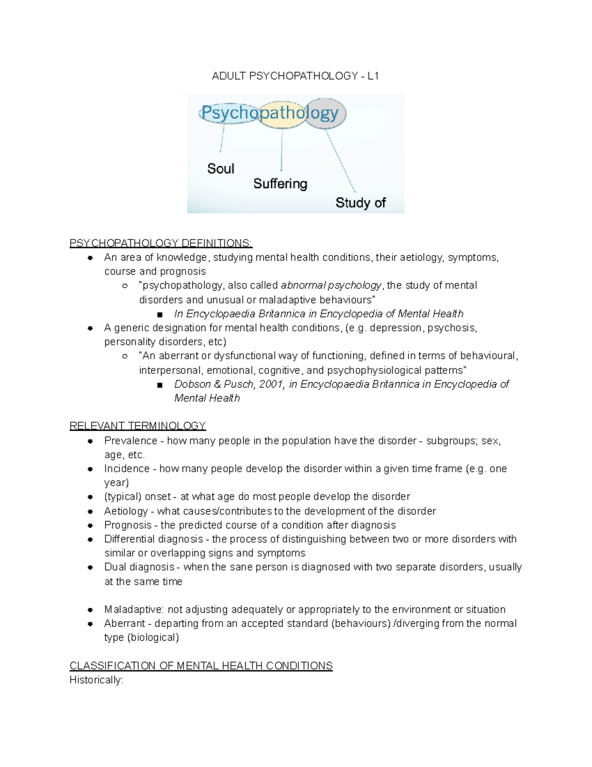 PS3110 - L1 - lecture notes - ADULT PSYCHOPATHOLOGY - L PSYCHOPATHOLOGY ...