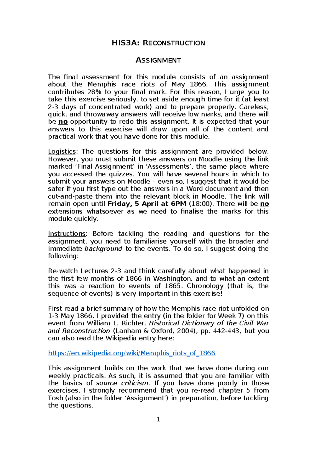 ASSIGNMENT HISTORY - HIS3A: RECONSTRUCTION ASSIGNMENT The final ...