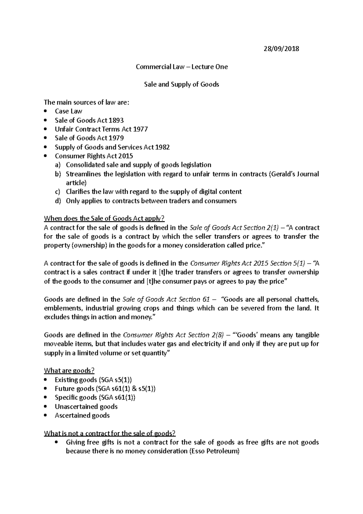 Commercial Law Lecture One - 28/09/ Commercial Law – Lecture One Sale ...