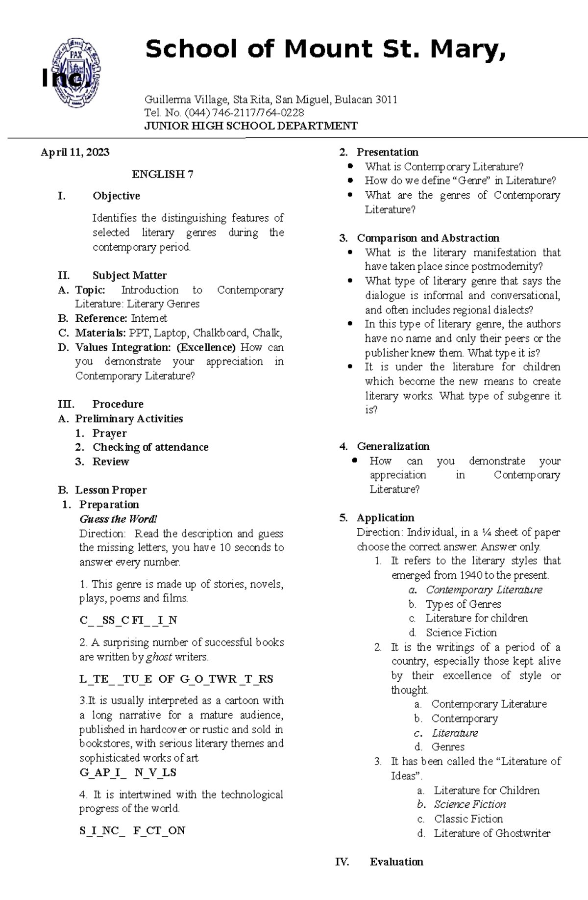 LP7 Literary Genres - LESSON PLAN - School of Mount St. Mary, Inc ...