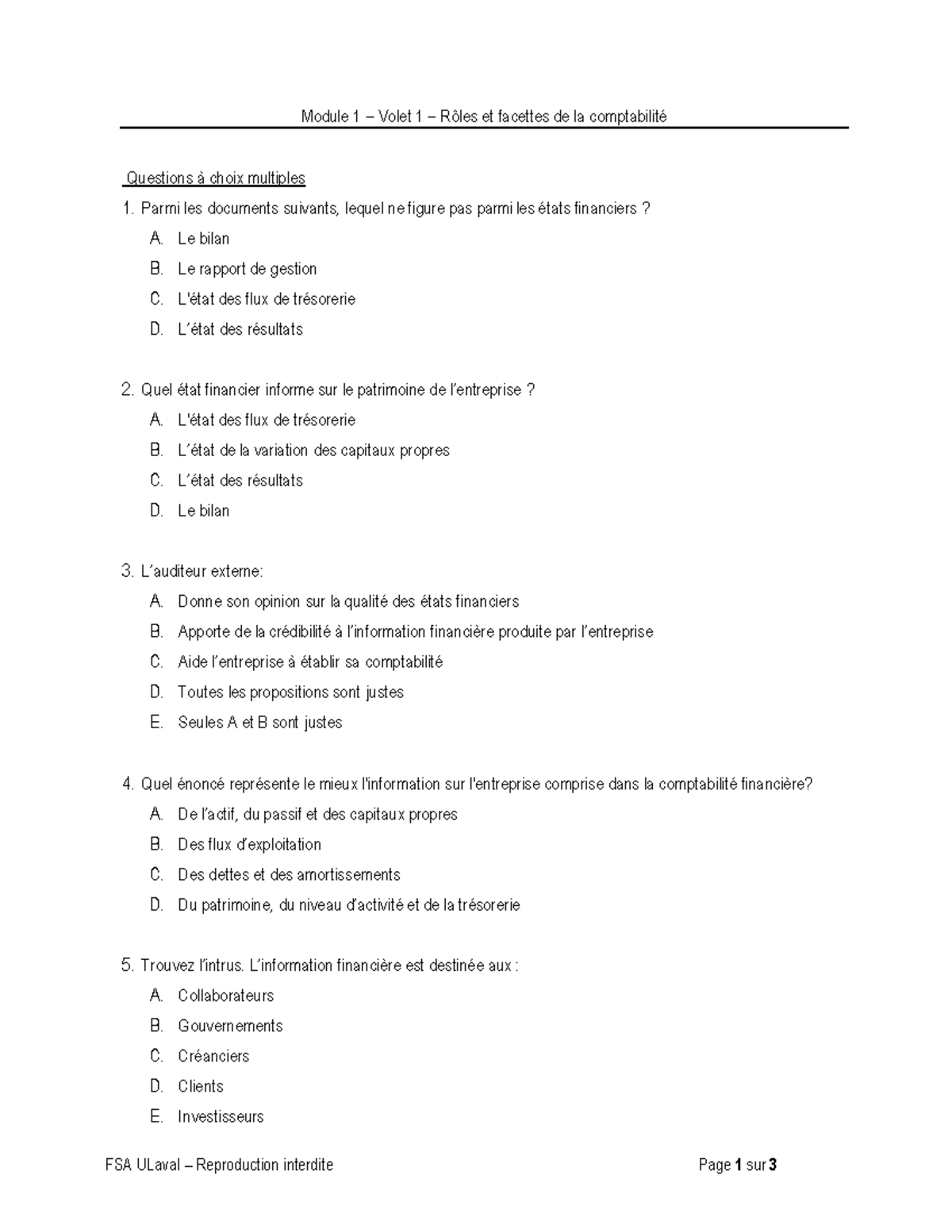 M1 V1 Exercices - Exercise de module 01 Volume 01 - FSA ULaval – Reproduction interdite Page 1 ...