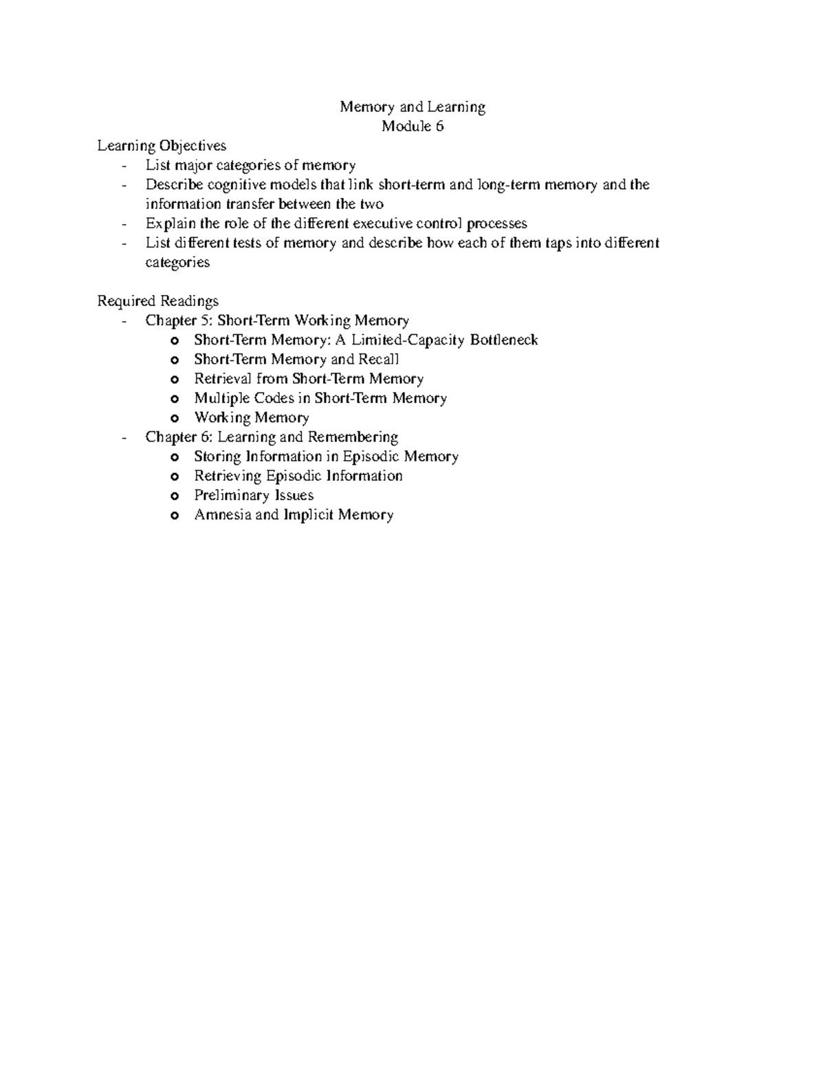 Module 6 - Online - Memory and Learning Module 6 Learning Objectives ...