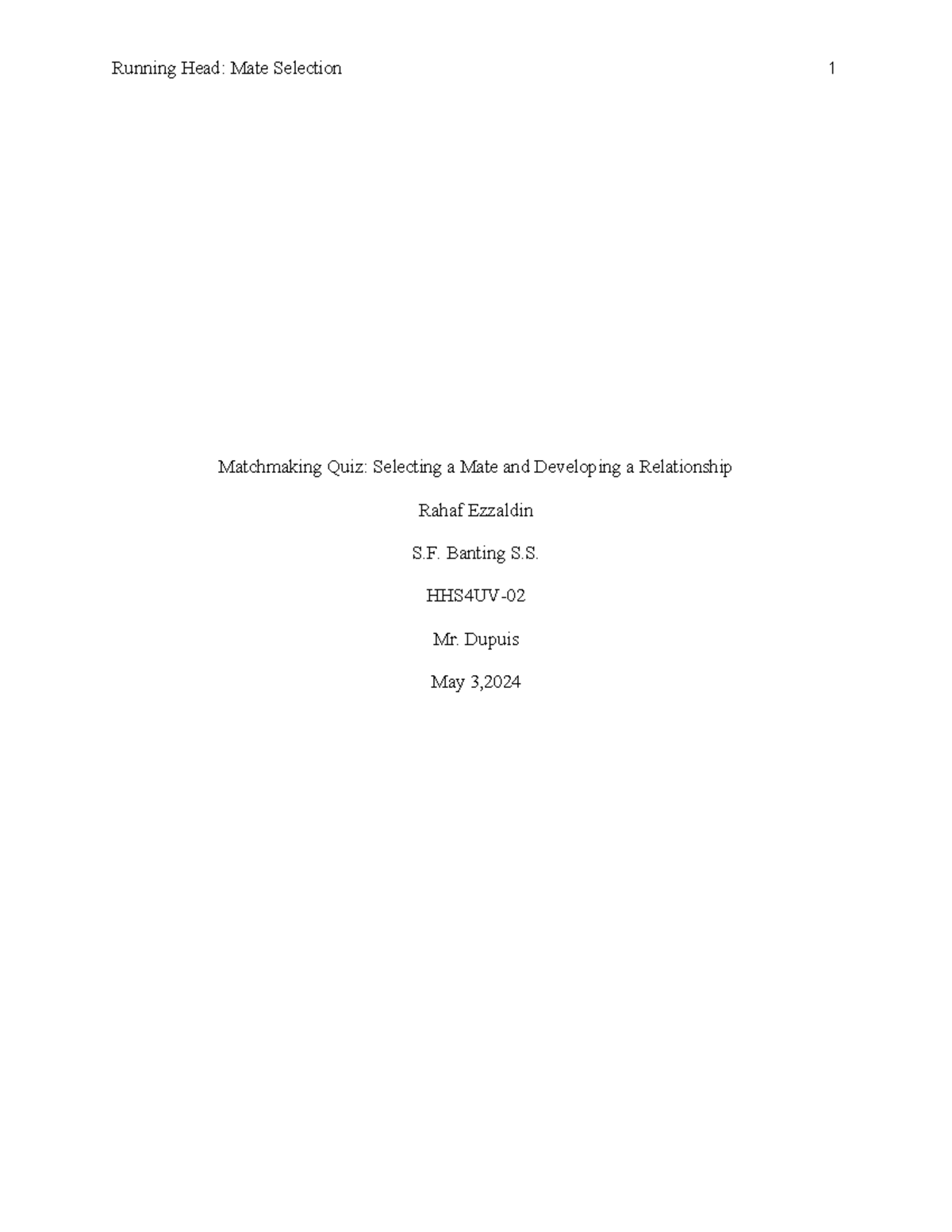 Matchmaking Quiz Selecting a Mate and Developing a Relationship ...