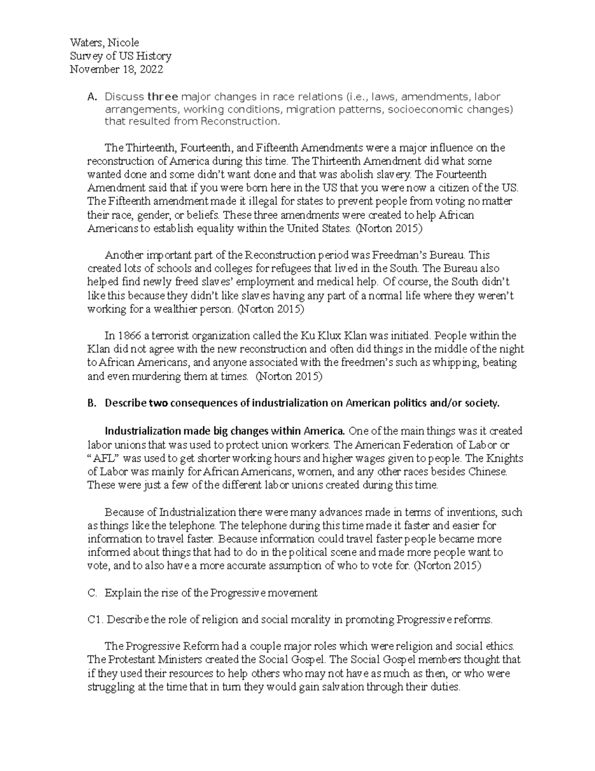 Survey US History Task 3 - Waters, Nicole Survey of US History November ...