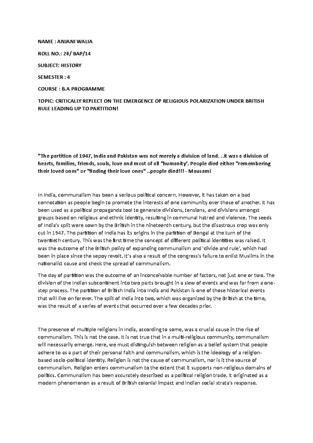 History assignment - NAME : ANJANI WALIA ROLL NO.: 20/ BAP/ SUBJECT ...