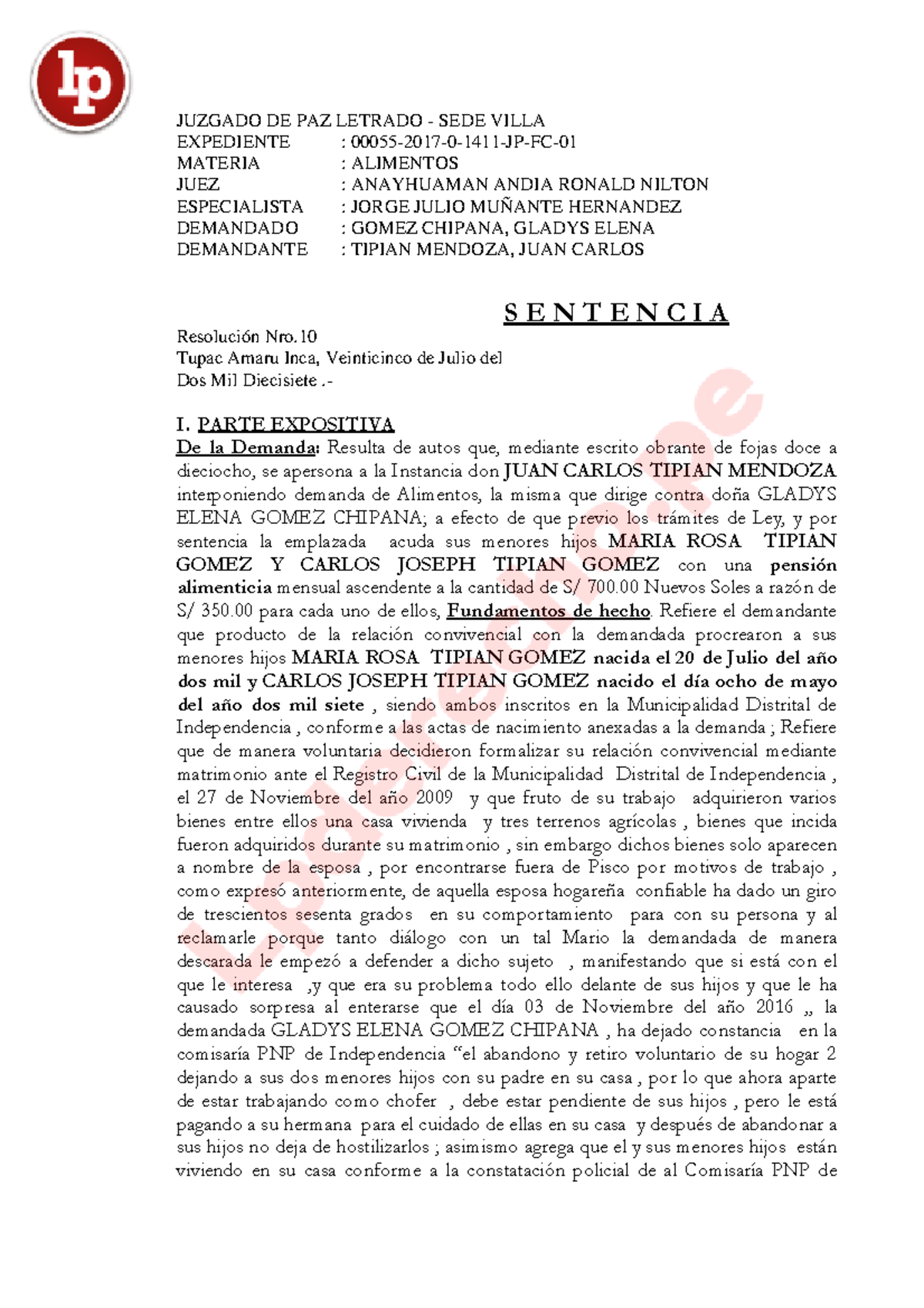 Expediente De Una Sentencia Juzgado De Paz Letrado Sede Villa