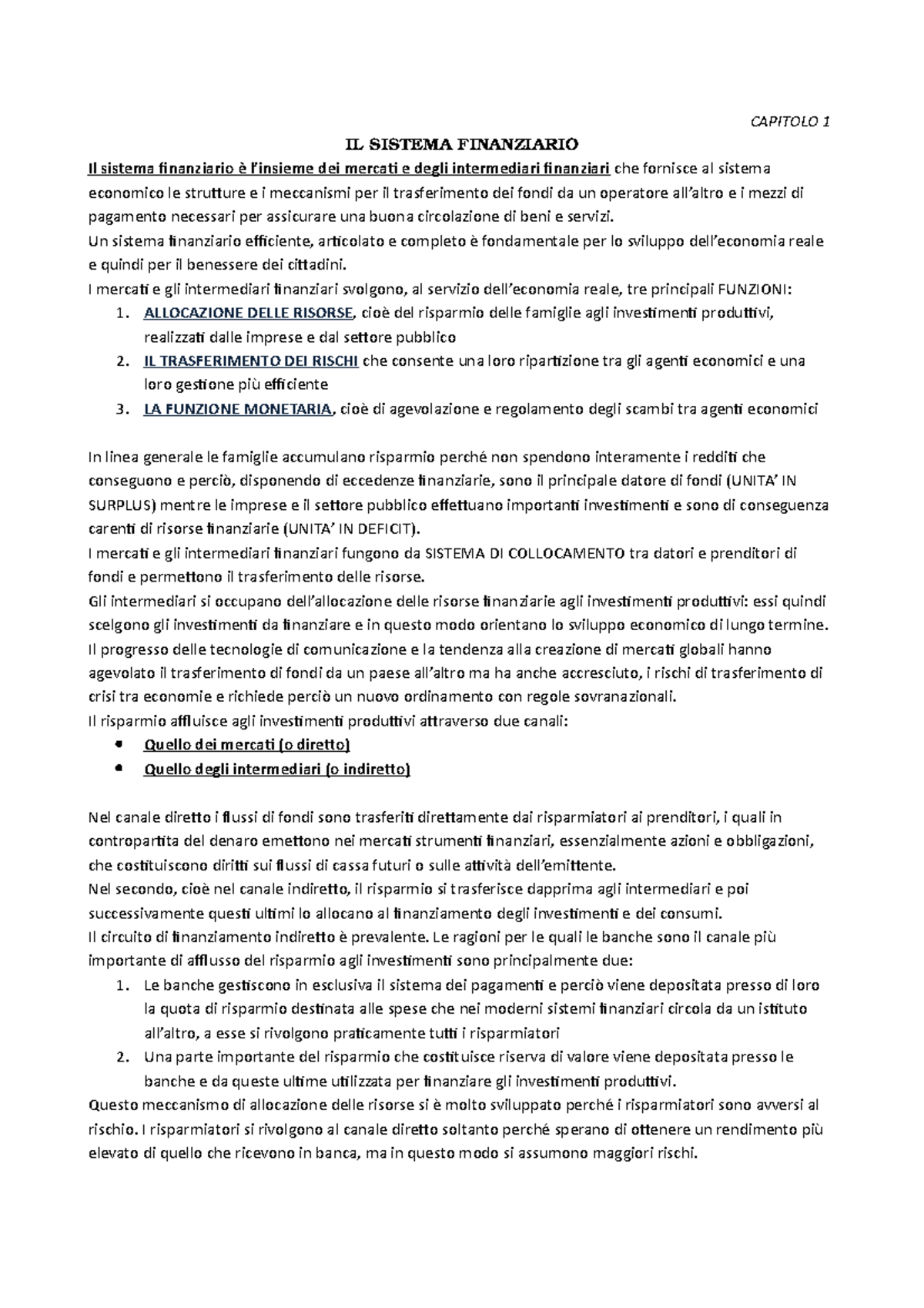 Riassunto da 1-7 - CAPITOLO 1 IL SISTEMA FINANZIARIO Il sistema ...