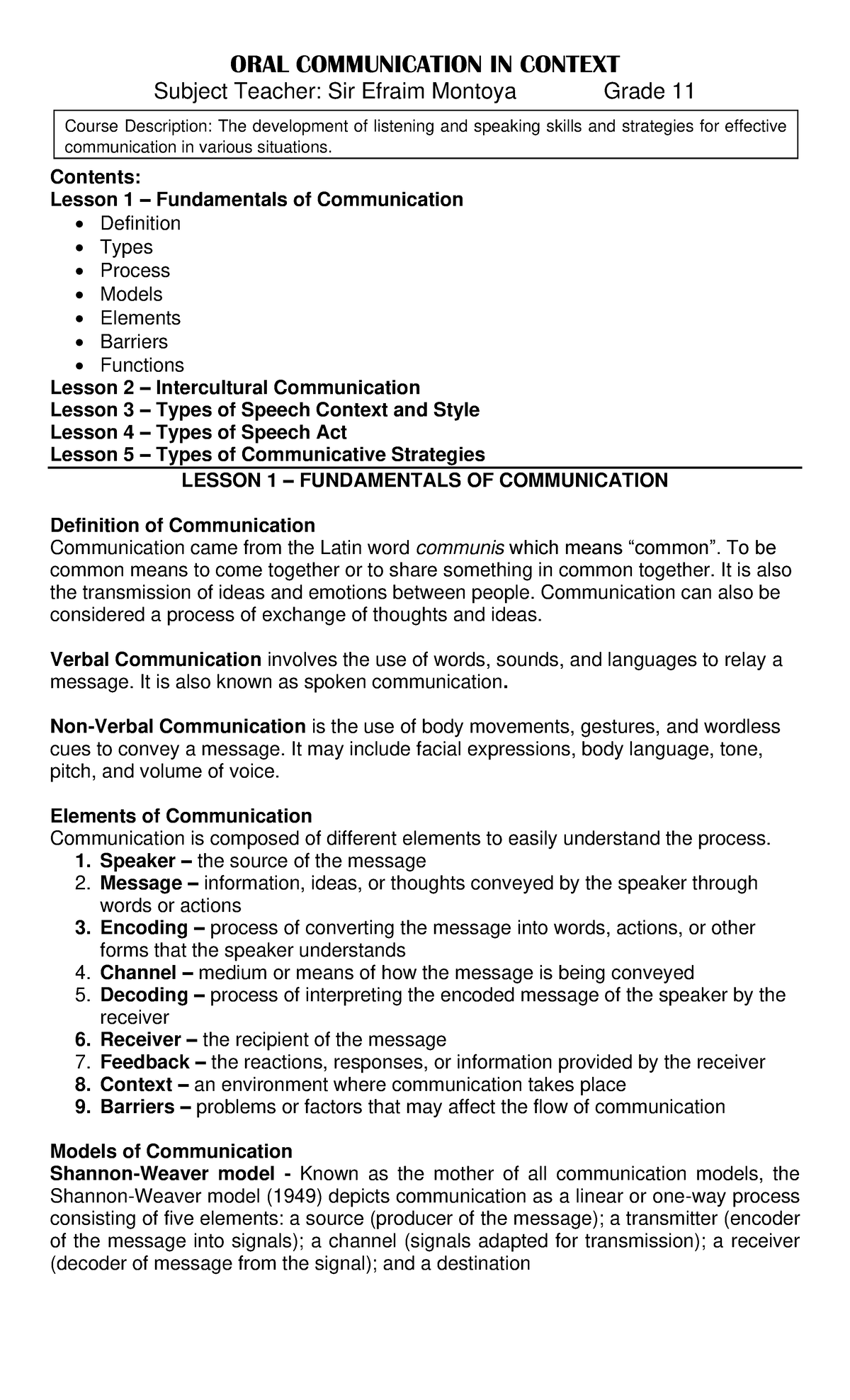 Oralcom-Q1- Reviewer - Cardo - ORAL COMMUNICATION IN CONTEXT Subject ...