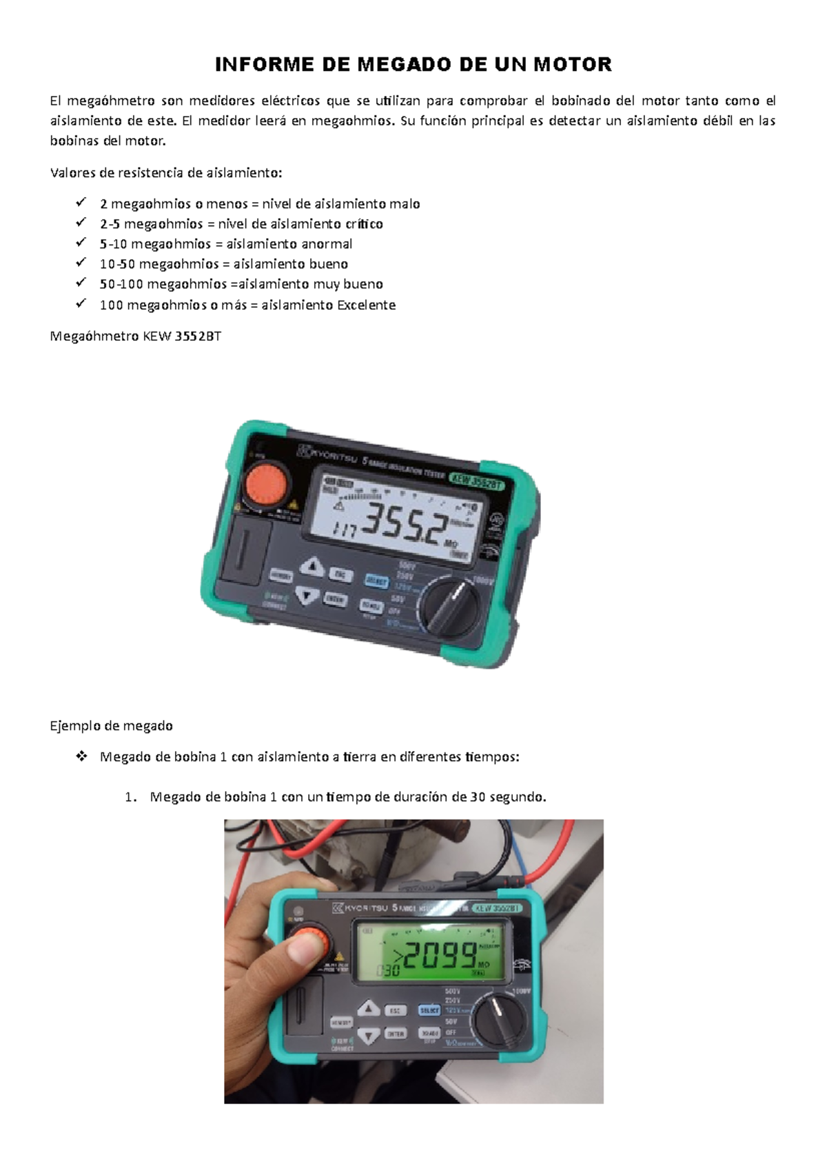 Informe DE Megado DE UN Motor - INFORME DE MEGADO DE UN MOTOR El ...