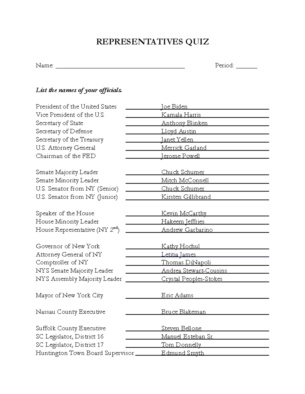 Copy of Representatives QUIZ - REPRESENTATIVES QUIZ Name