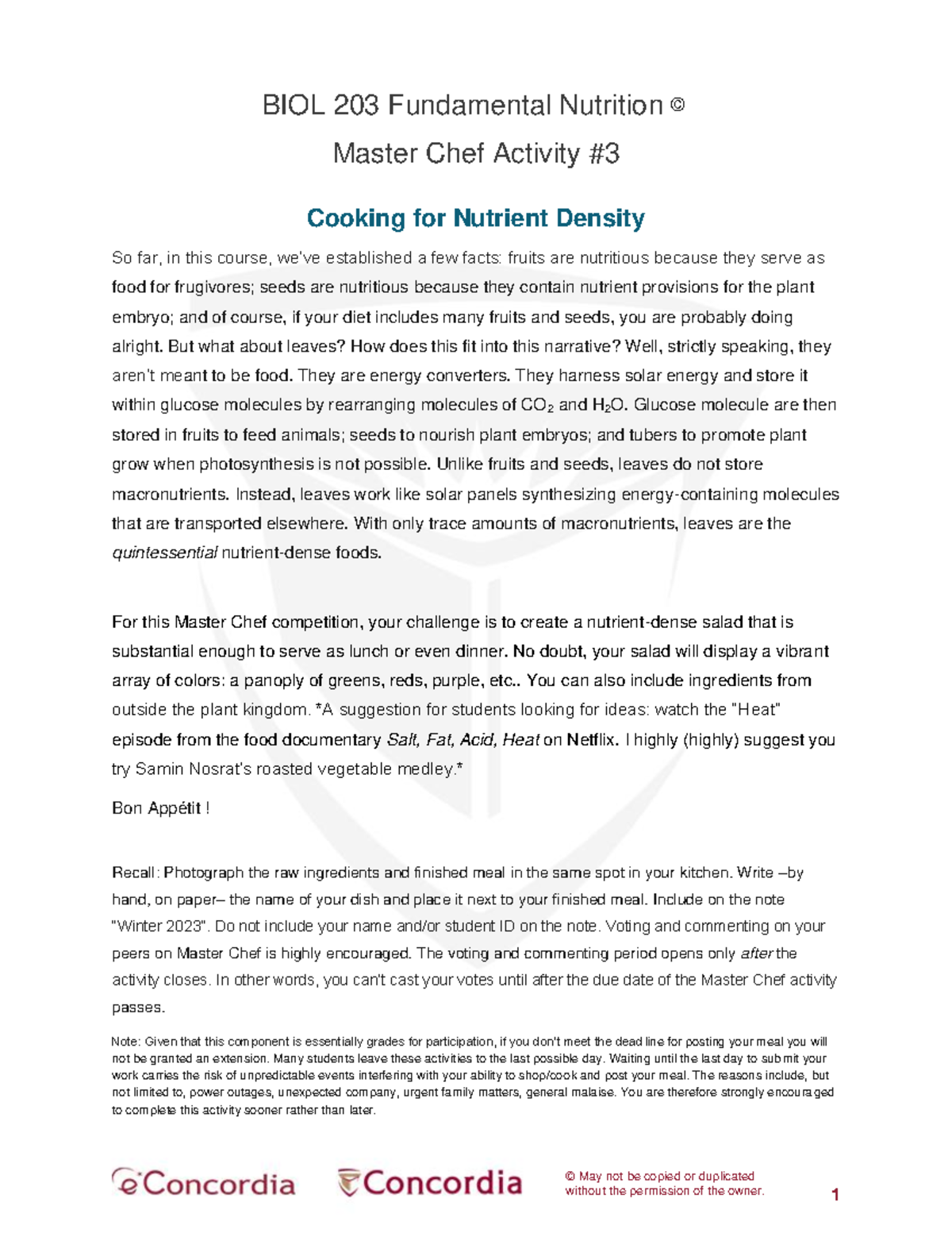 Master chef assignment 3 - 1 © May not be copied or duplicated without the permission of the ...