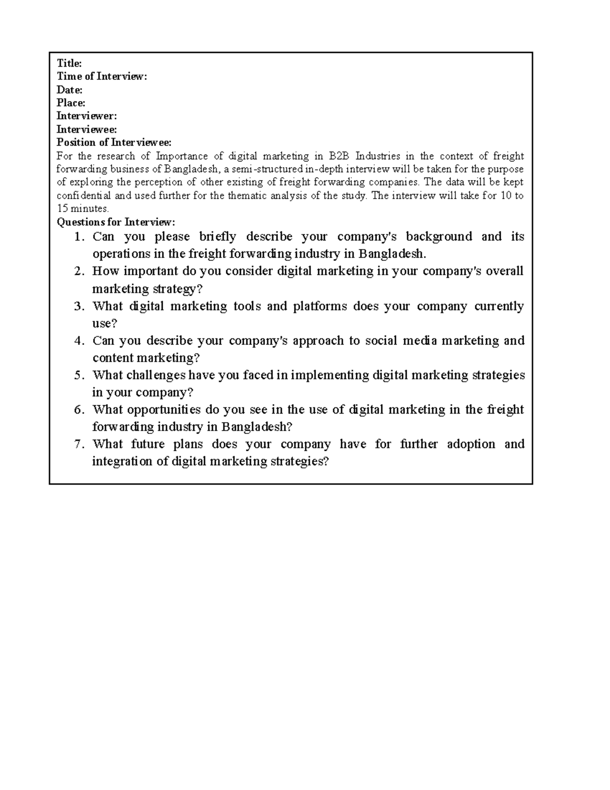 Final Interview Protocol - Title: Time of Interview: Date: Place ...