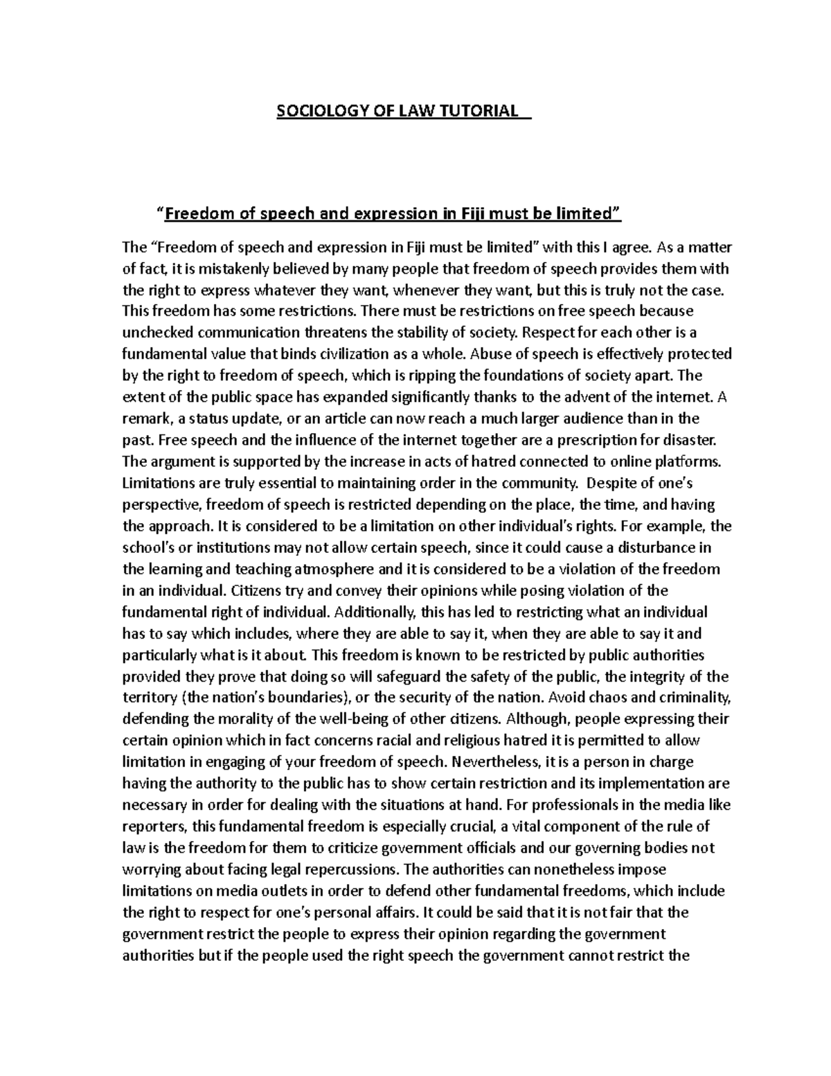 Sociology OF LAW Tutorial - SOCIOLOGY OF LAW TUTORIAL “Freedom of ...