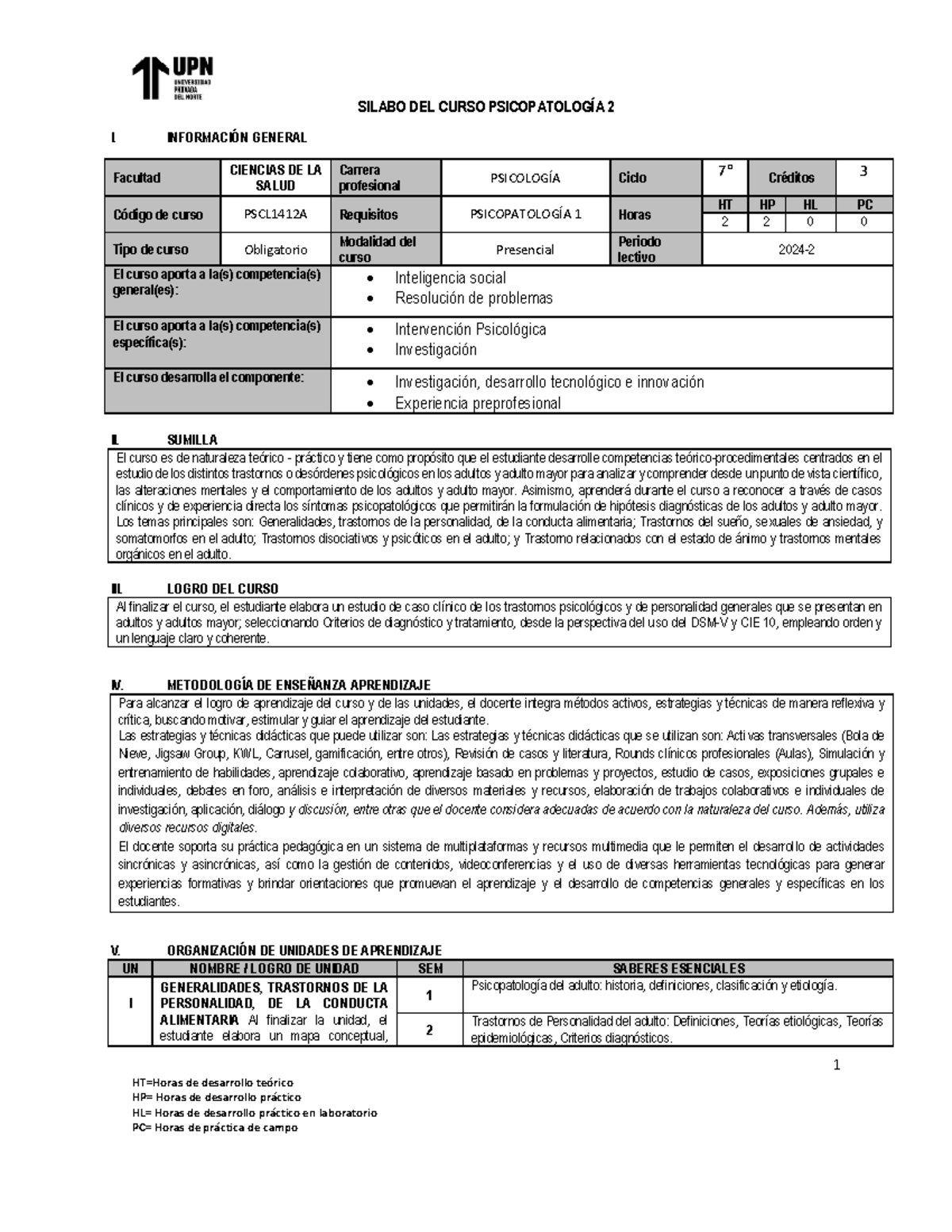 224434 PSCL1412A - silabo - 1 HT=Horas de desarrollo teórico HP= Horas de desarrollo práctico HL ...