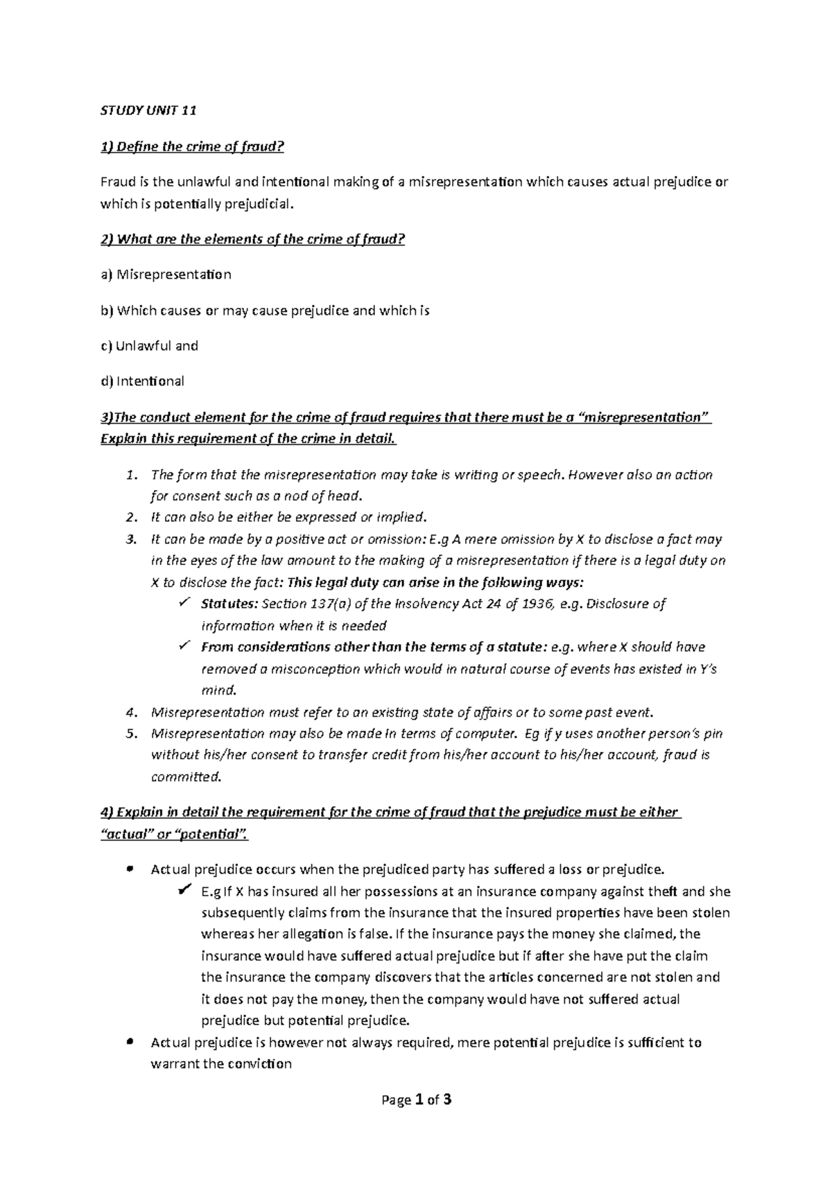 Study UNIT 11 CRW2603 TEST Yourself - STUDY UNIT 11 Define the crime of ...