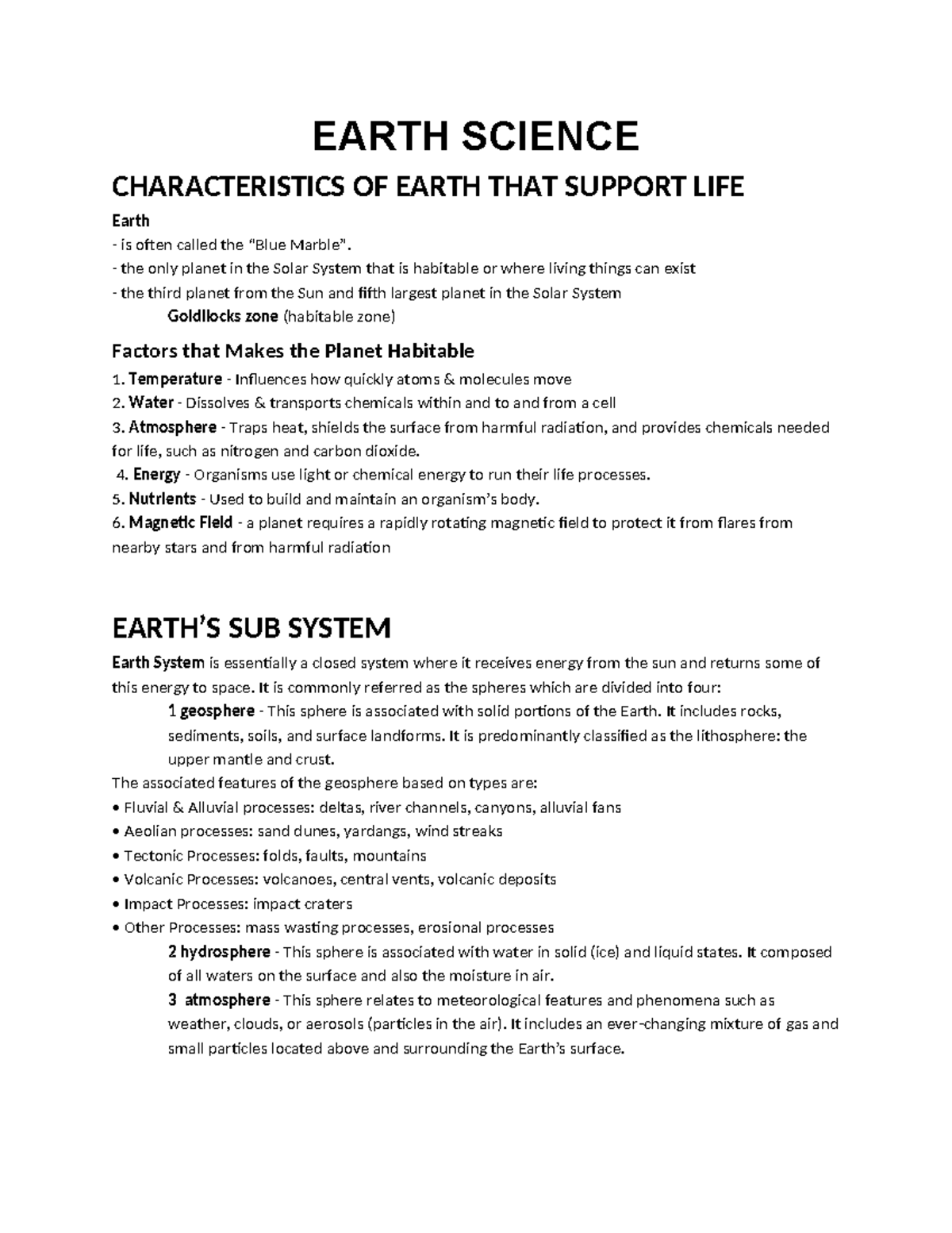 Earth science - EARTH SCIENCE CHARACTERISTICS OF EARTH THAT SUPPORT ...
