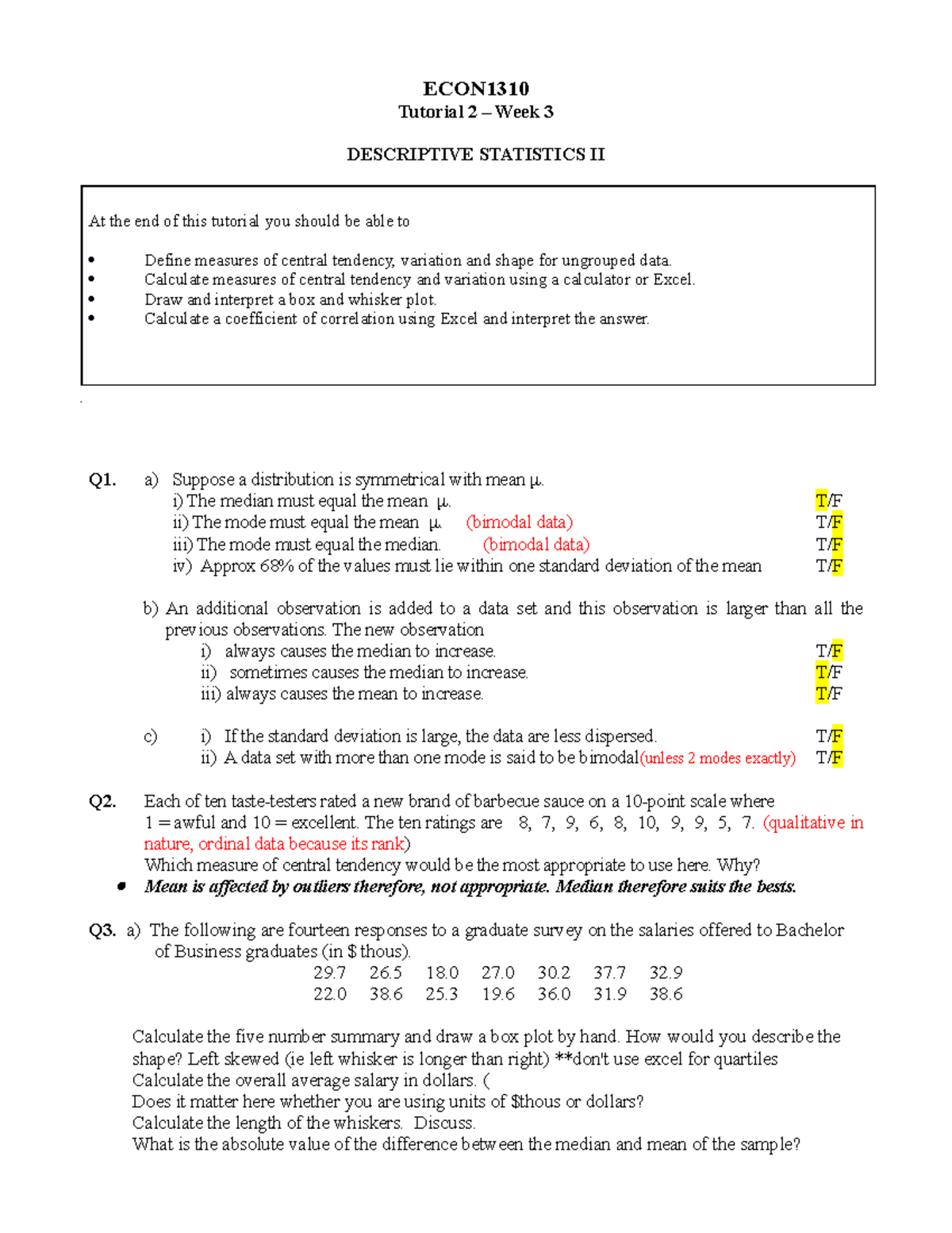 ECON1310 Tut 2 worksheet - ECON Tutorial 2 – Week 3 DESCRIPTIVE STATISTICS II At the end of this ...