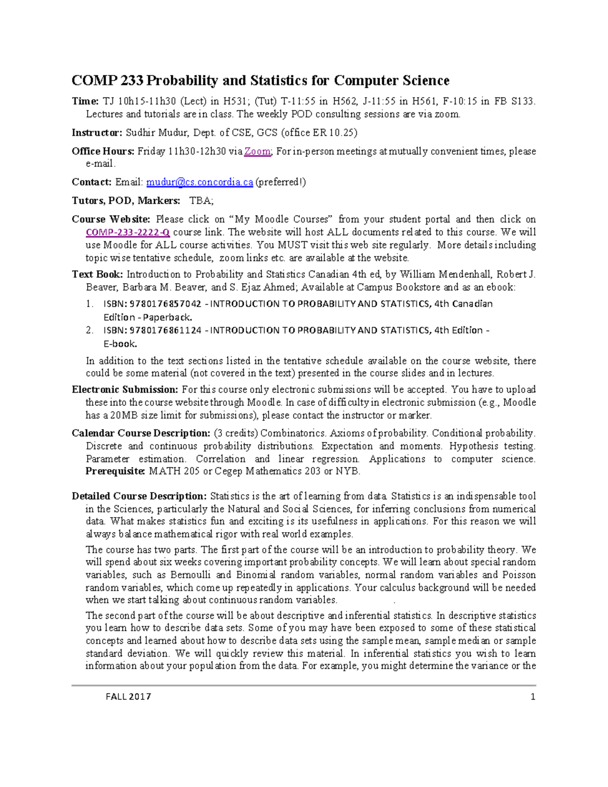 Course Description COMP 233 F22 - COMP 233 Probability and Statistics for Computer Science Time ...