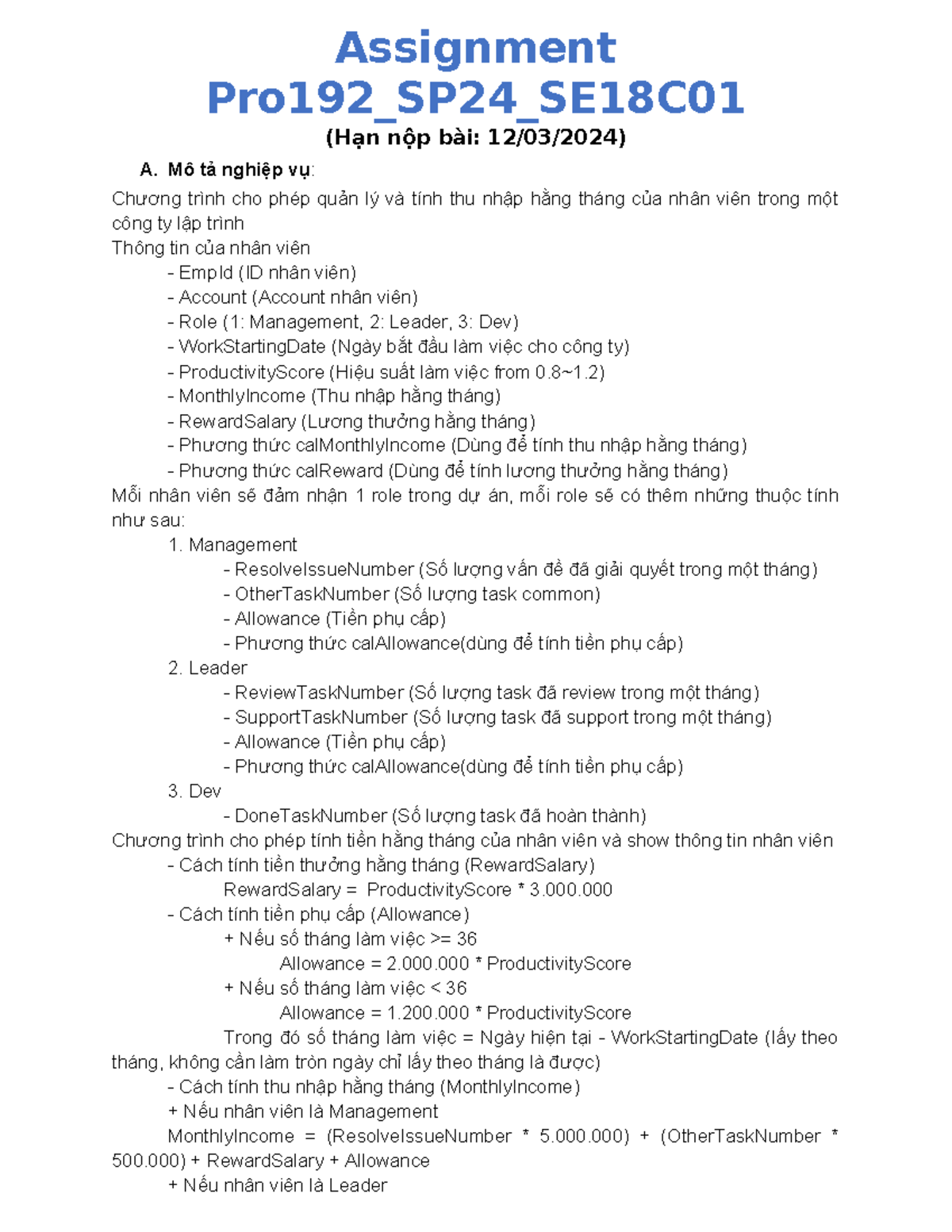 Assigment Mng Salary allowance SP24 - Assignment Pro192_SP24_SE18C (Hạn nộp bài: 12/03/2024) A ...