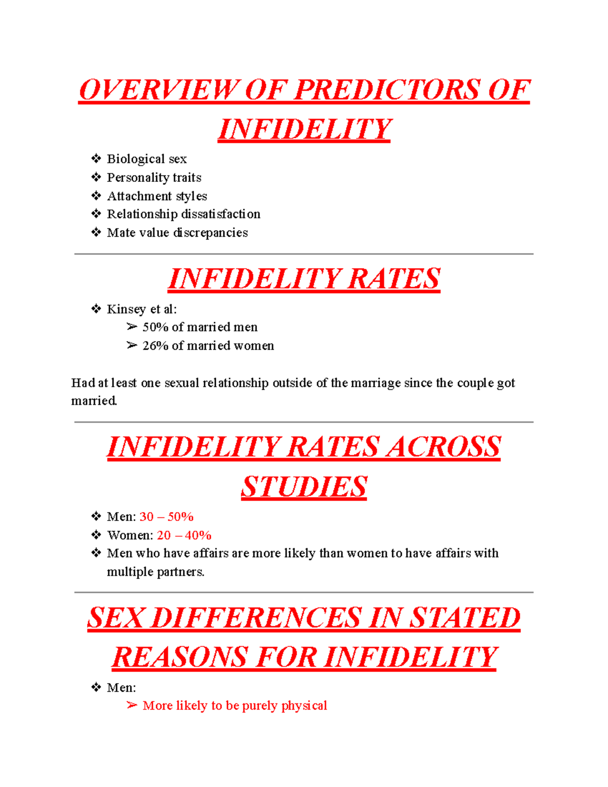 Infidelity - OVERVIEW OF PREDICTORS OF INFIDELITY Biological sex ...
