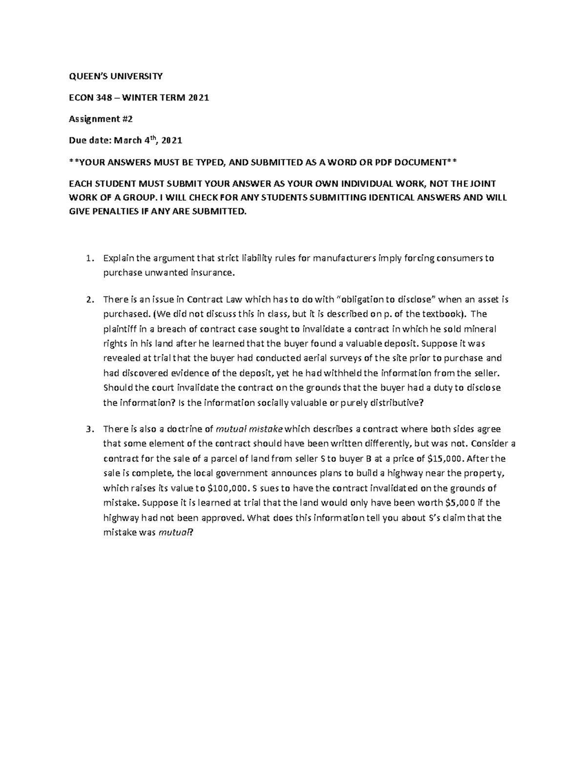 Assignment 2 - ECON 348 Winter 2021 - QUEEN’S UNIVERSITY ECON 348 ...