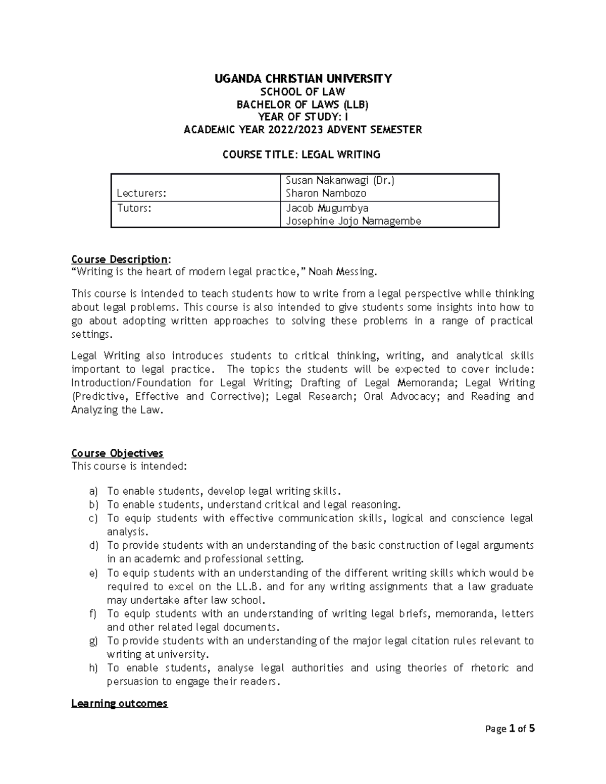 Legal Writing Course Outline LLB 1 Sep 2023 - UGANDA CHRISTIAN ...